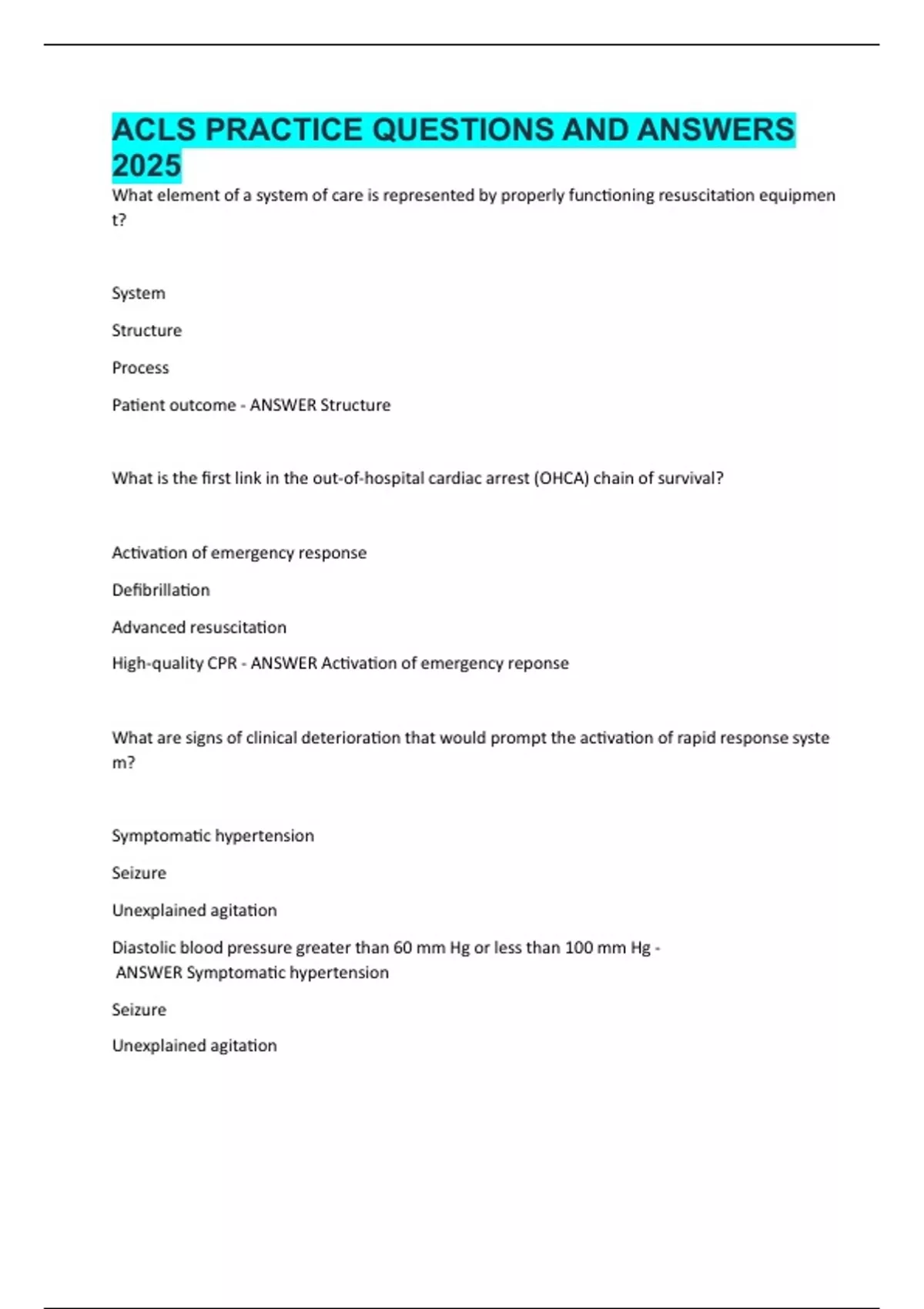 ACLS PRACTICE QUESTIONS AND ANSWERS 2025 - ACLS Heartcode - Stuvia US