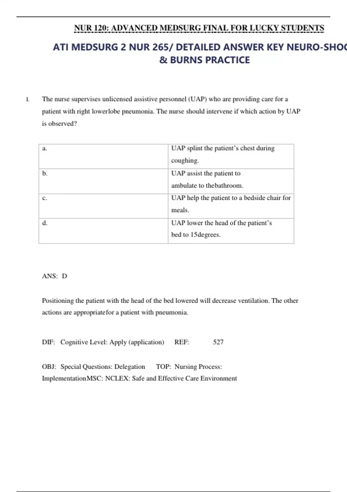 ATI MEDSURG 2 NUR 265/ DETAILED ANSWER KEY NEURO-SHOCK & BURNS PRACTICE ...