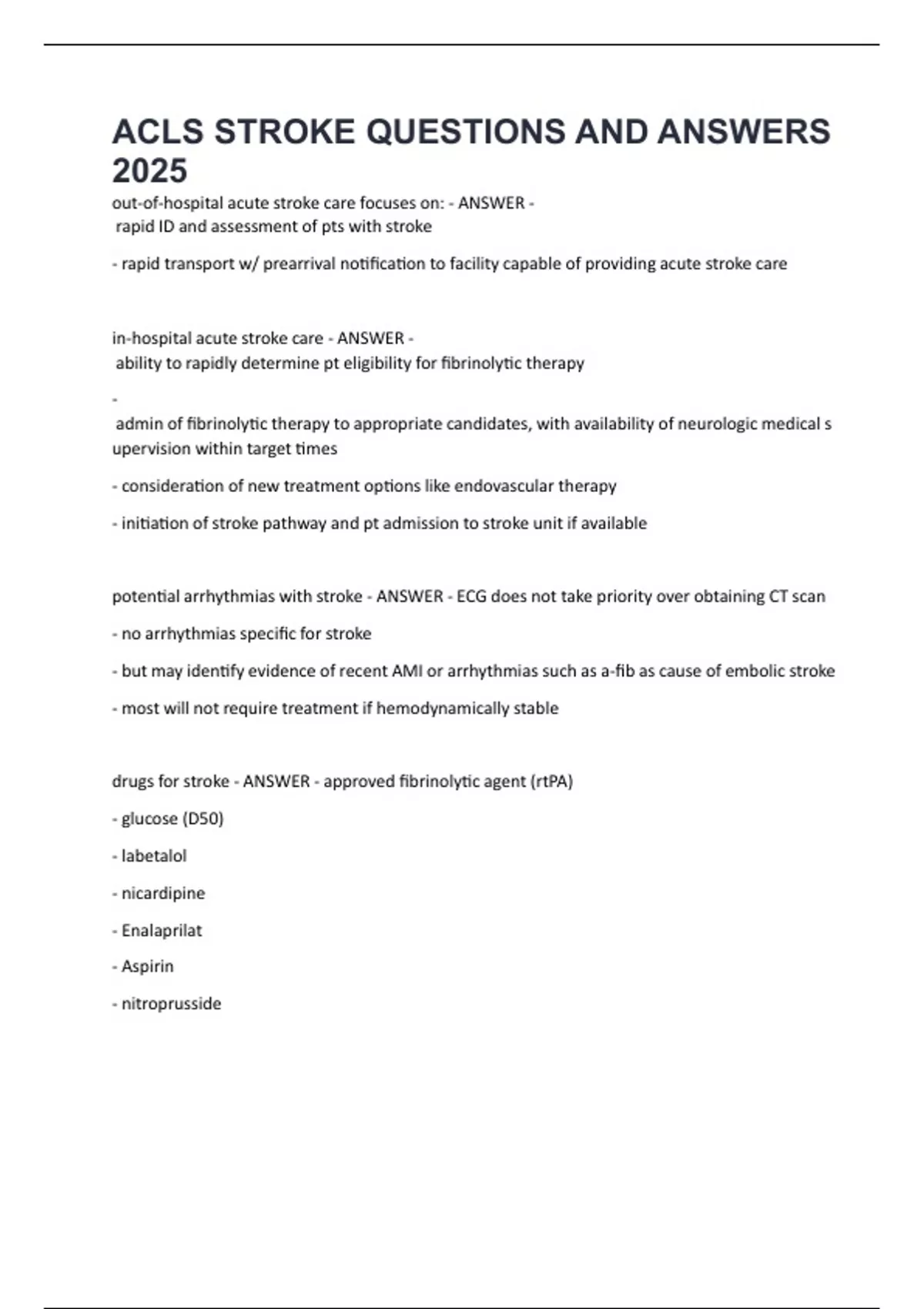 ACLS STROKE QUESTIONS AND ANSWERS 2025 - ACLS Heartcode - Stuvia US
