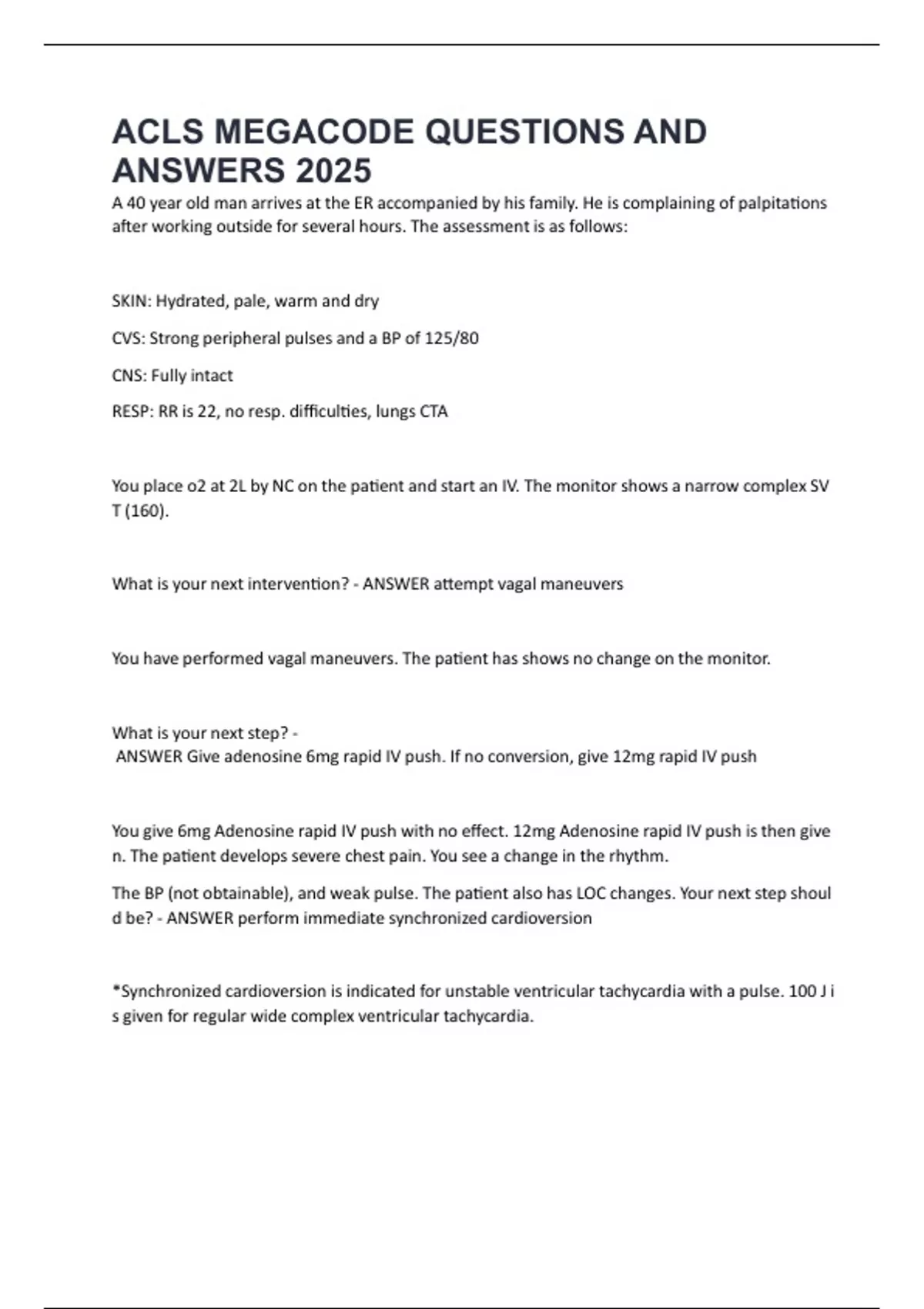 ACLS MEGACODE QUESTIONS AND ANSWERS 2025 - ACLS Heartcode - Stuvia US