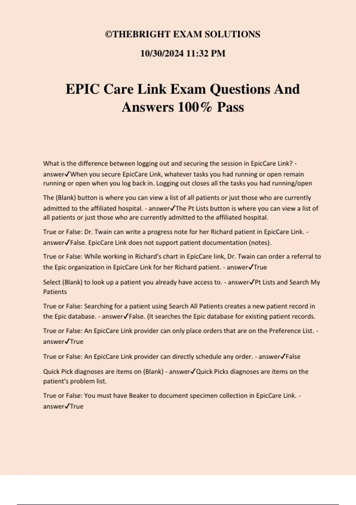 EPIC Care Link Exam Questions And Answers 100% Pass - EPIC Care - Stuvia US