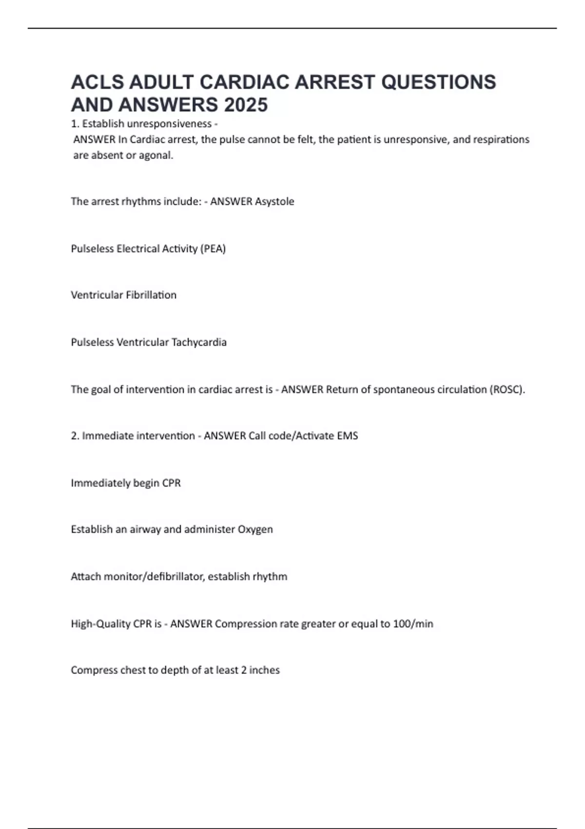 ACLS ADULT CARDIAC ARREST QUESTIONS AND ANSWERS 2025 ACLS Heartcode ACLS ADULT CARDIAC ARREST QUESTIONS AND ANSWERS 2025 ACLS Heartcode