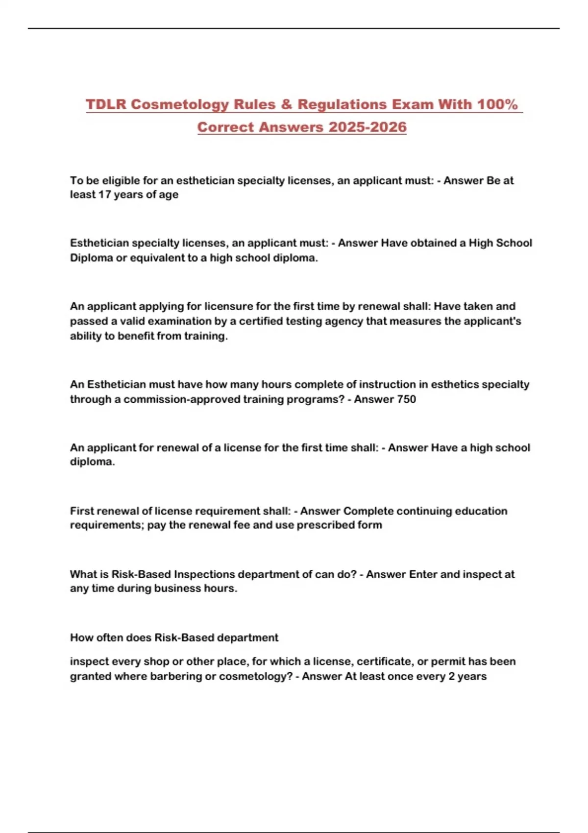 TDLR Cosmetology Rules & Regulations Exam With 100% Correct Answers ...