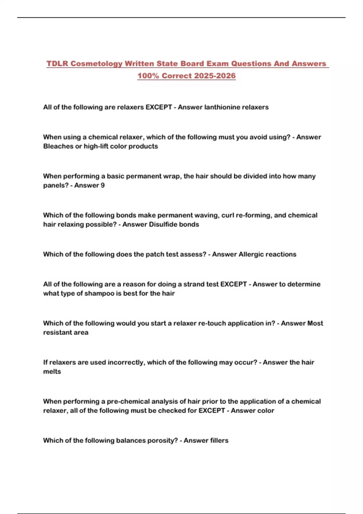 TDLR Cosmetology Written State Board Exam Questions And Answers 100% ...