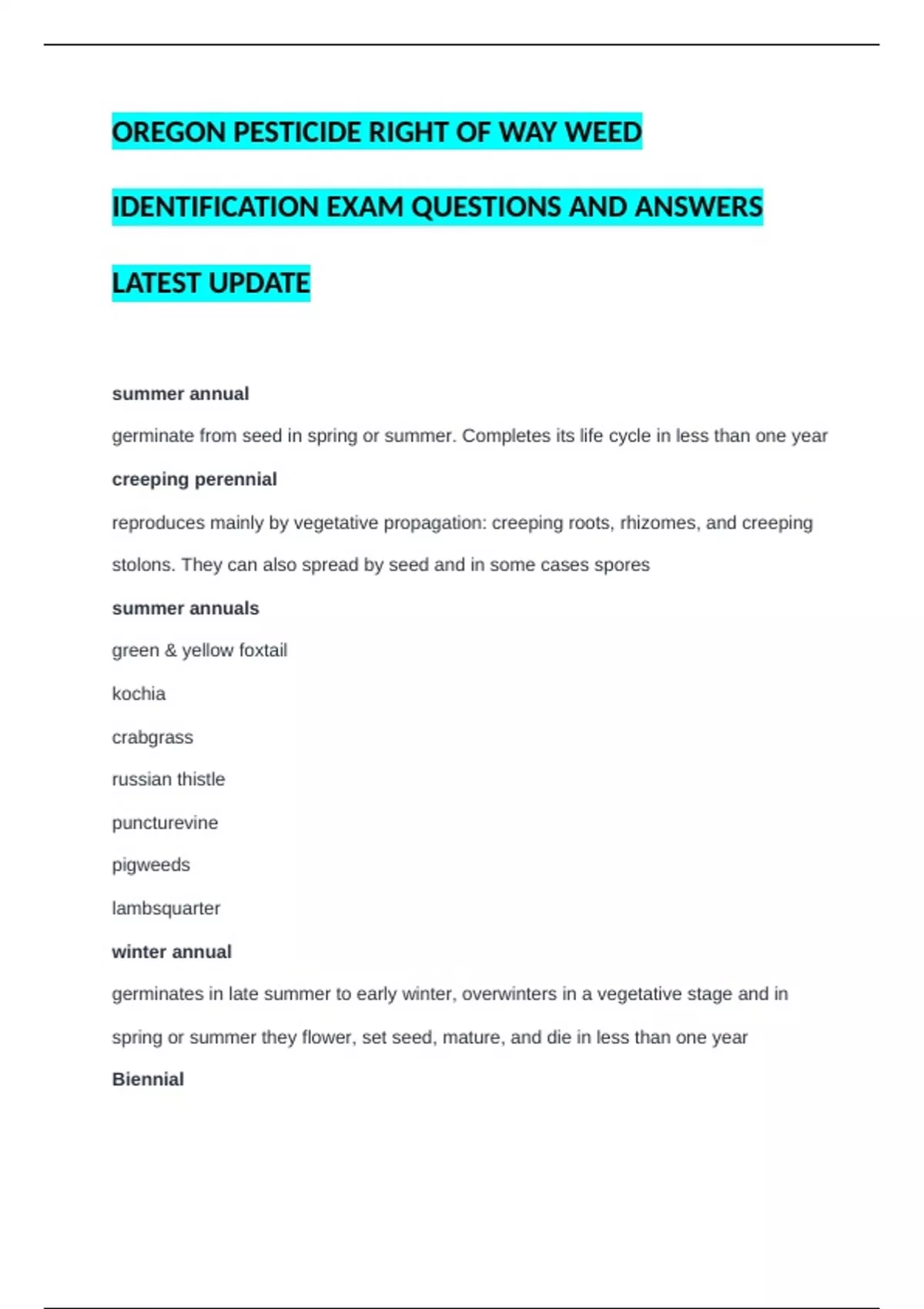 OREGON PESTICIDE RIGHT OF WAY WEED IDENTIFICATION EXAM QUESTIONS AND ...