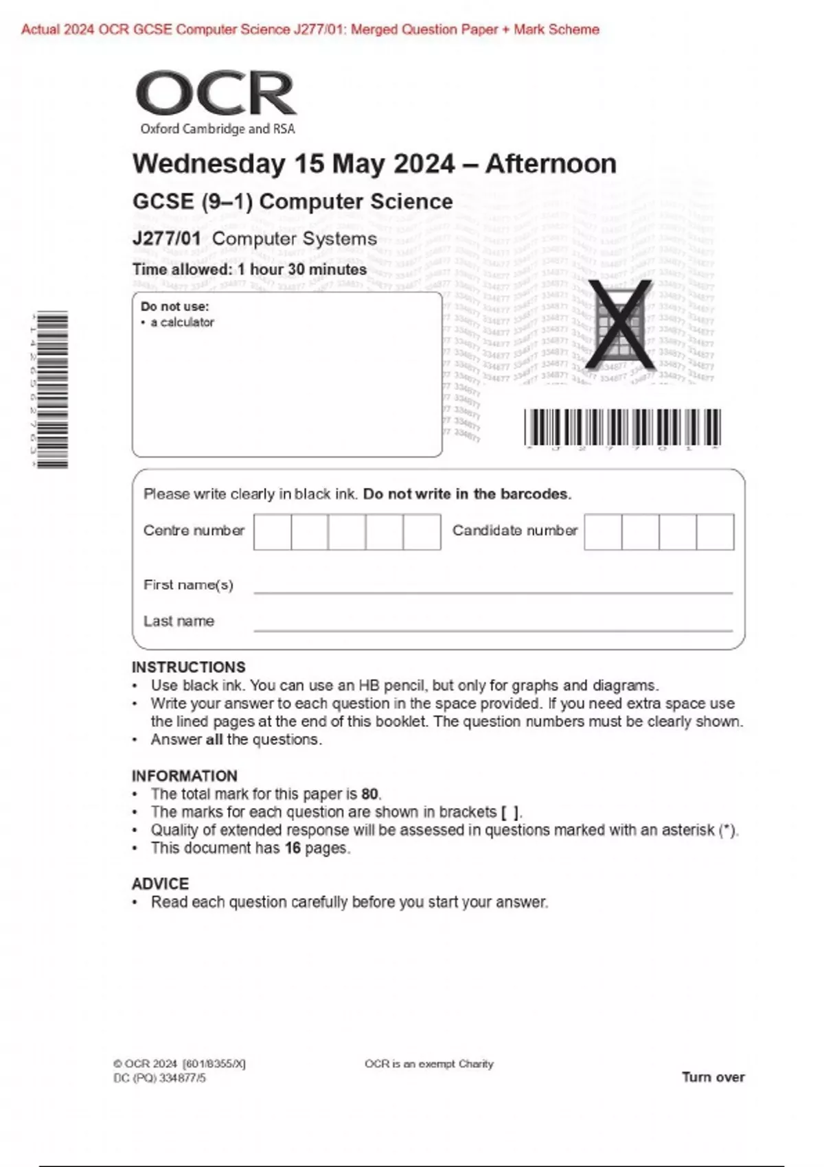 Actual 2024 OCR GCSE Computer Science J277/01: Computer systems Merged ...
