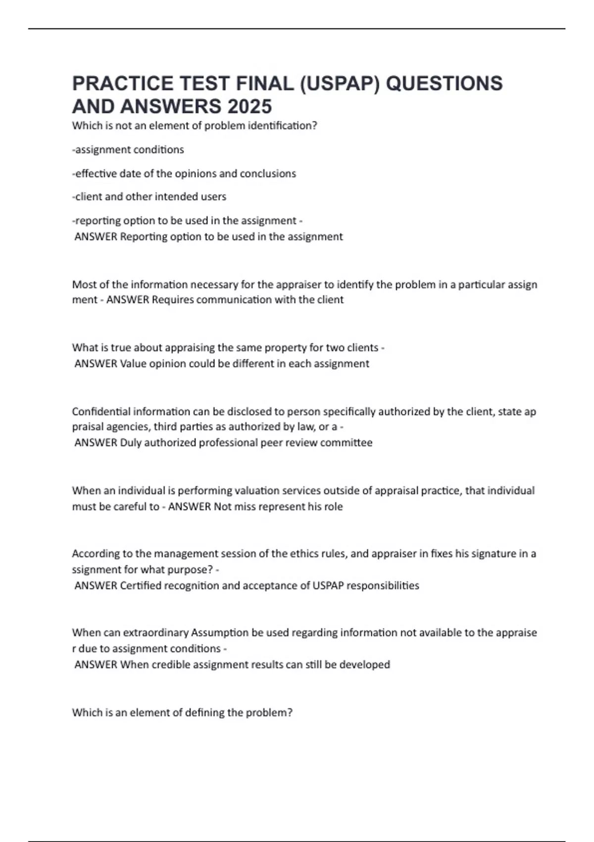 PRACTICE TEST FINAL (USPAP) QUESTIONS AND ANSWERS 2025 - Mckissock ...