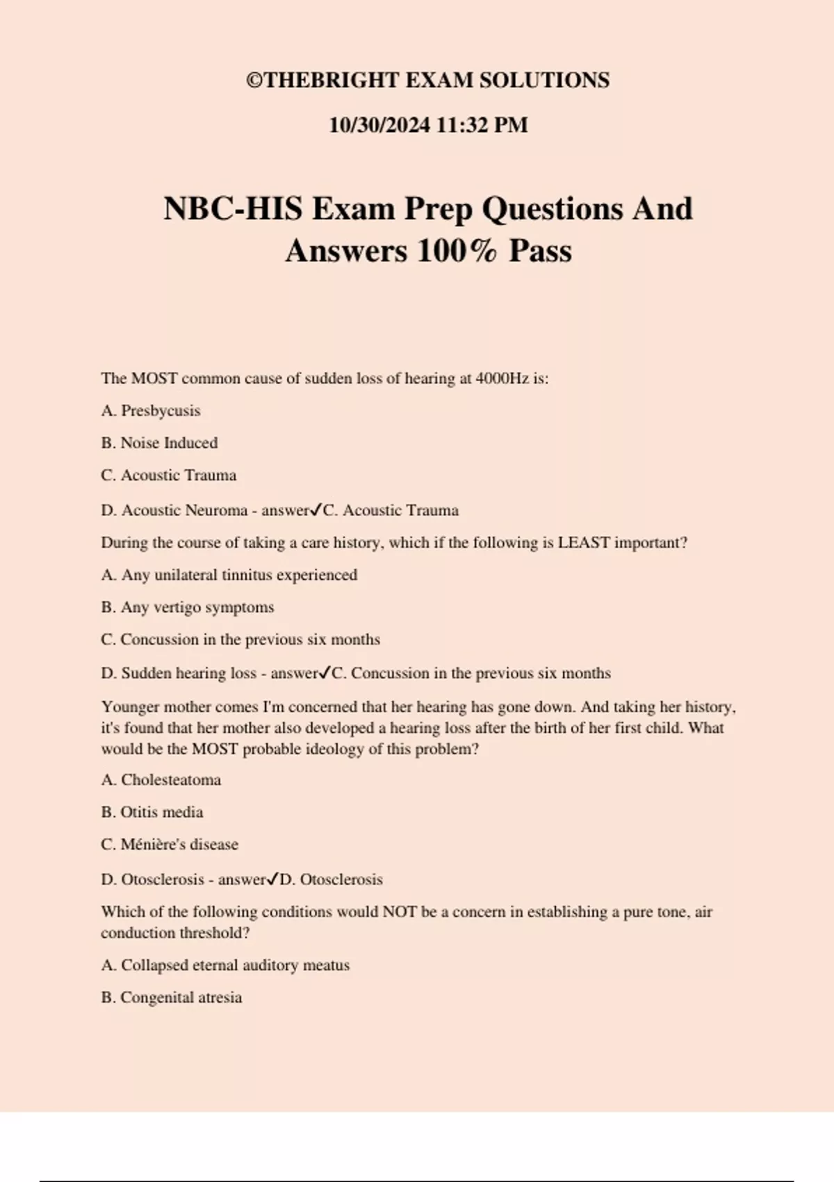 NBC-HIS Exam Prep Questions And Answers 100% Pass - NBC-HIS - Stuvia US