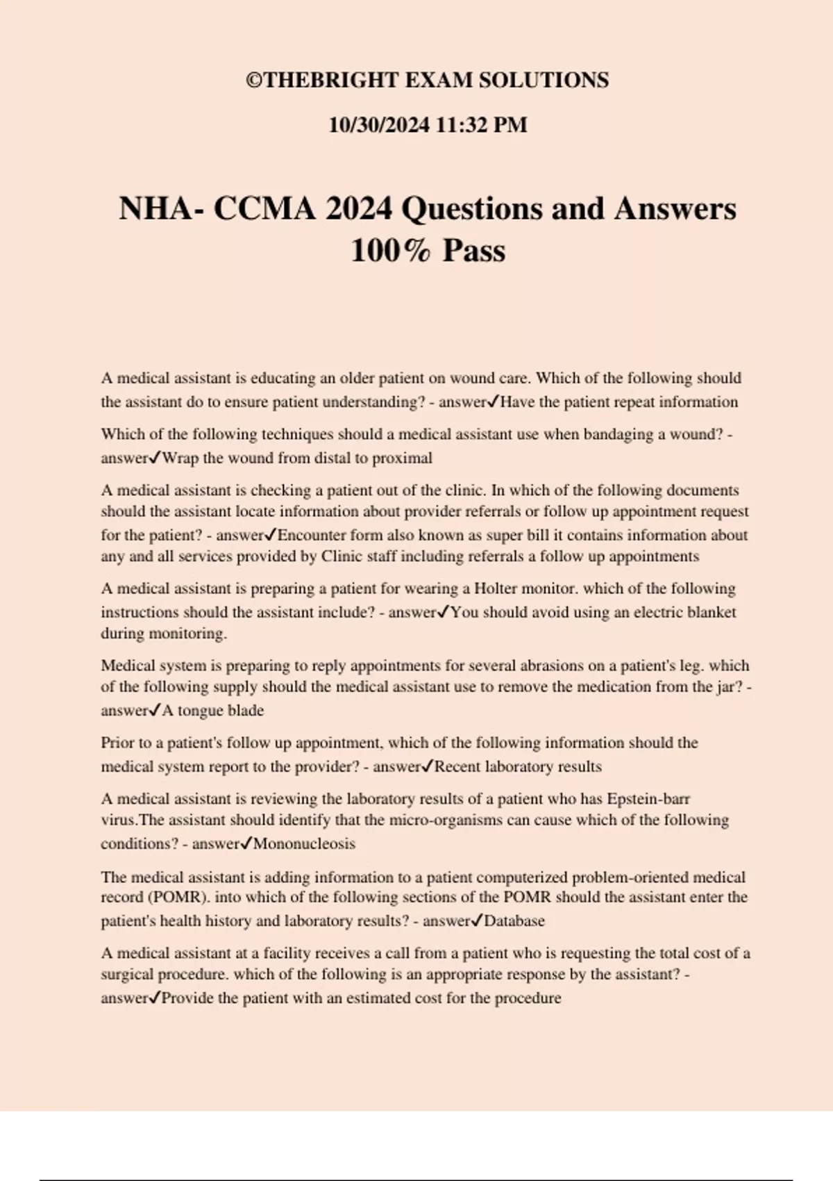 NHA- CCMA 2024 Questions and Answers 100% Pass - NHA- CCMA - Stuvia US