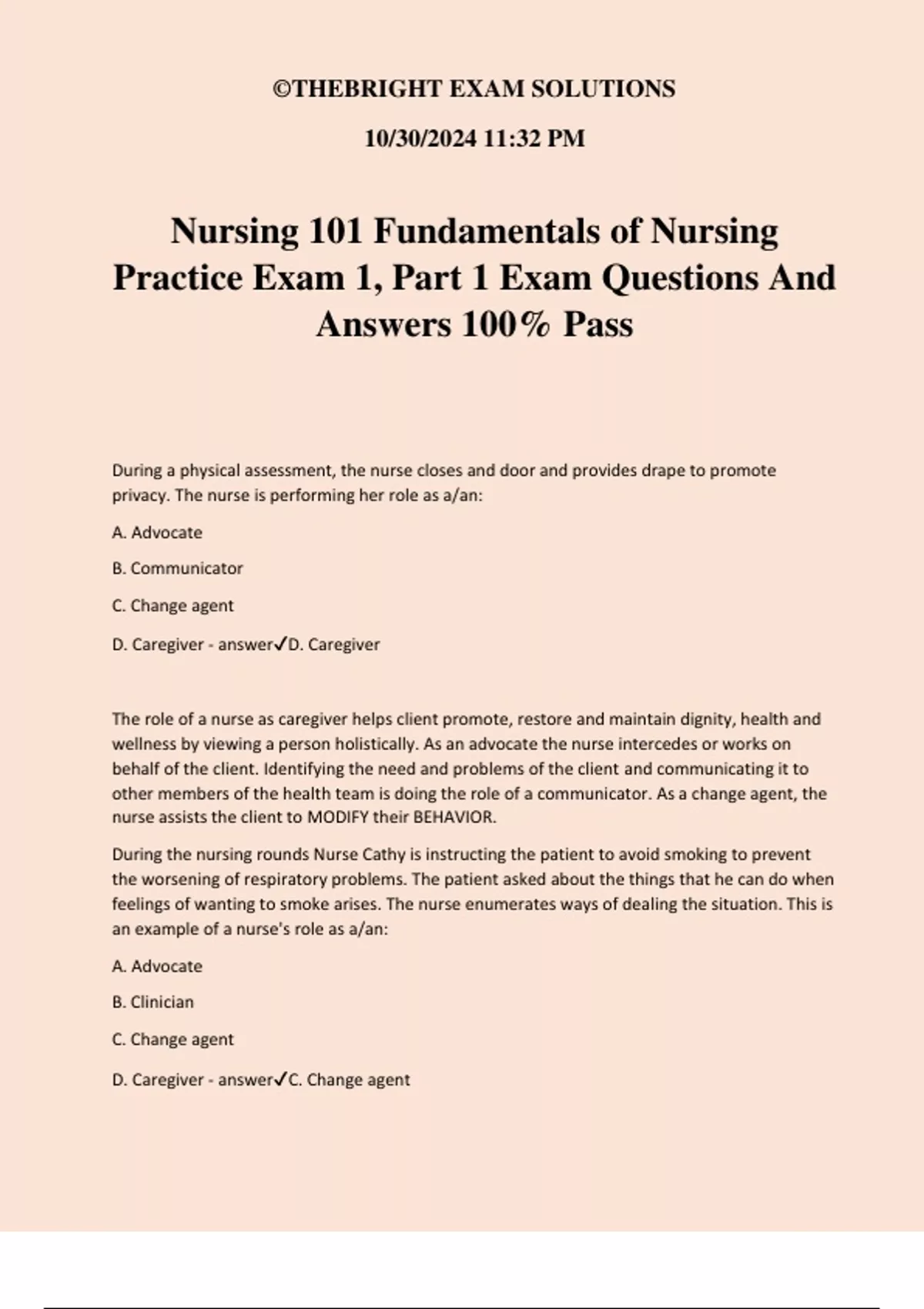 Nursing 101 Fundamentals of Nursing Practice Exam 1, Part 1 Exam ...