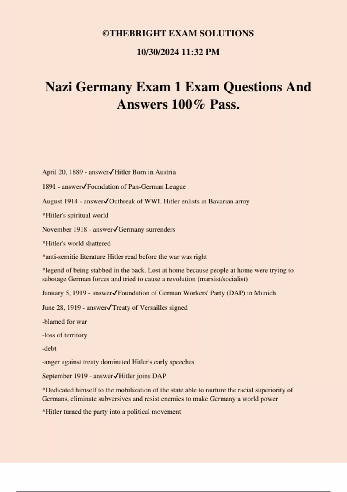 Nazi Germany Exam 1 Exam Questions And Answers 100% Pass. - GRMN 2301 ...
