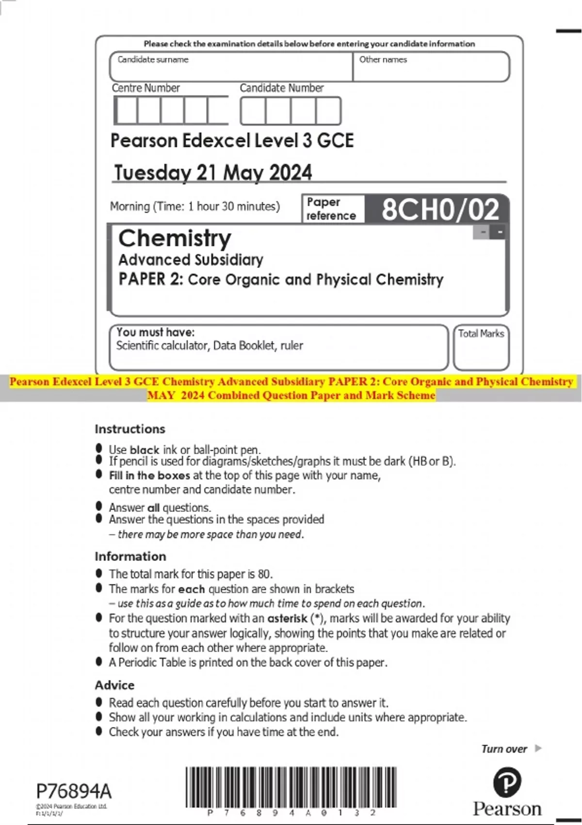 BUNDLE:::Pearson Edexcel Level 3 GCE Chemistry Combined Question Paper ...
