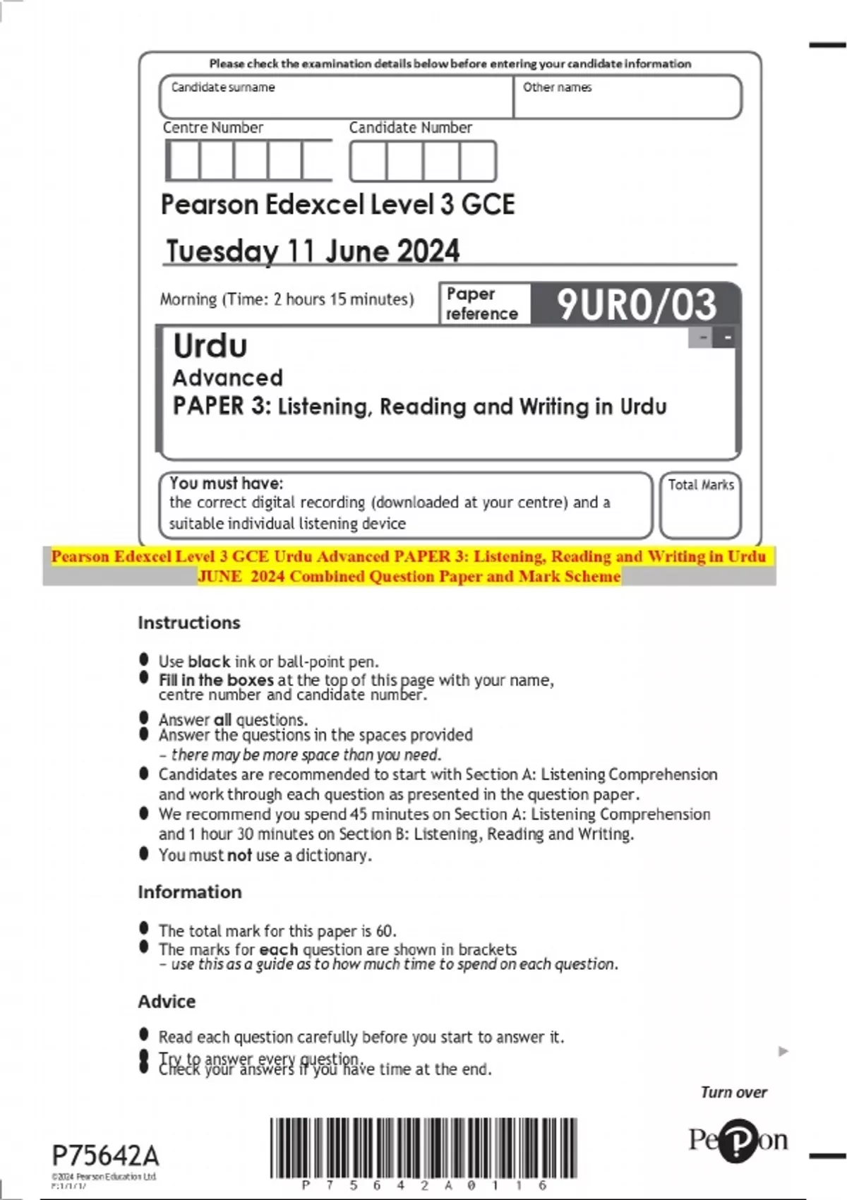 BUNDLE:::Pearson Edexcel Level 3 GCE Pearson Edexcel Level 3 GCE Urdu Combined Question Paper ...