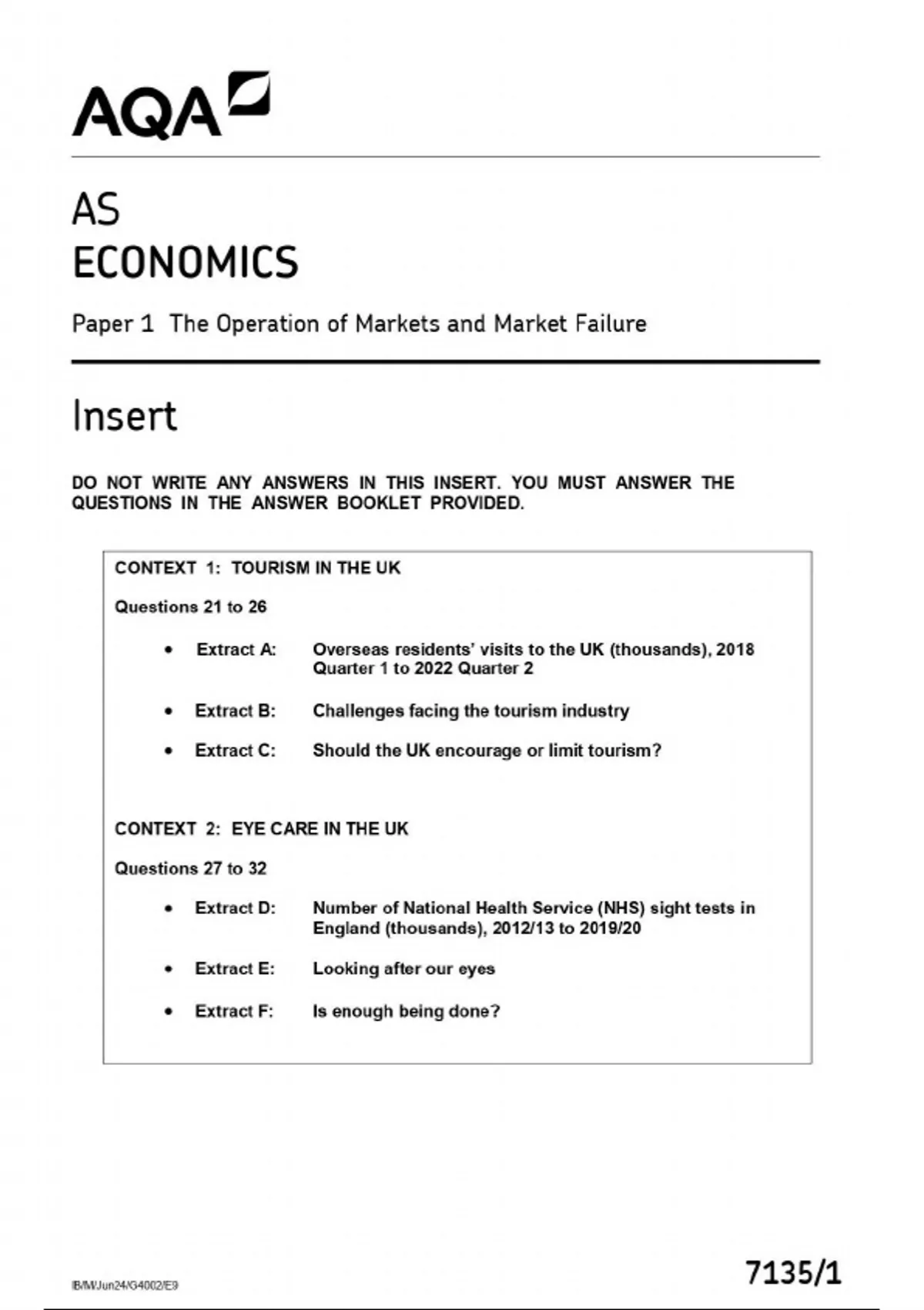 AS-Level AQA 2024 Economics Paper 1 Insert Sheet - Economics - Stuvia UK