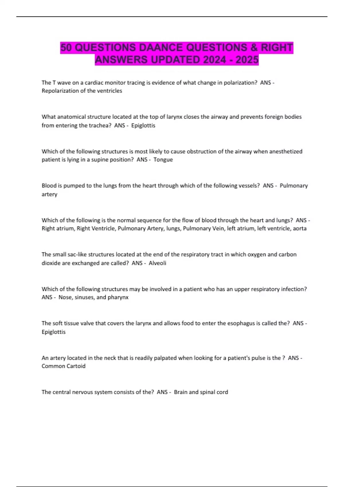 50 QUESTIONS DAANCE QUESTIONS & RIGHT ANSWERS UPDATED - DAANCE - Stuvia US
