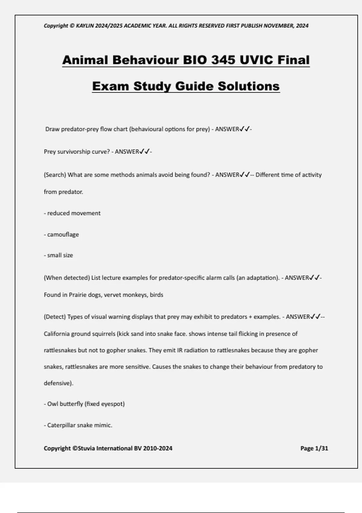 Animal Behaviour BIO 345 UVIC Final Exam Study Guide Solutions - 2025 ...