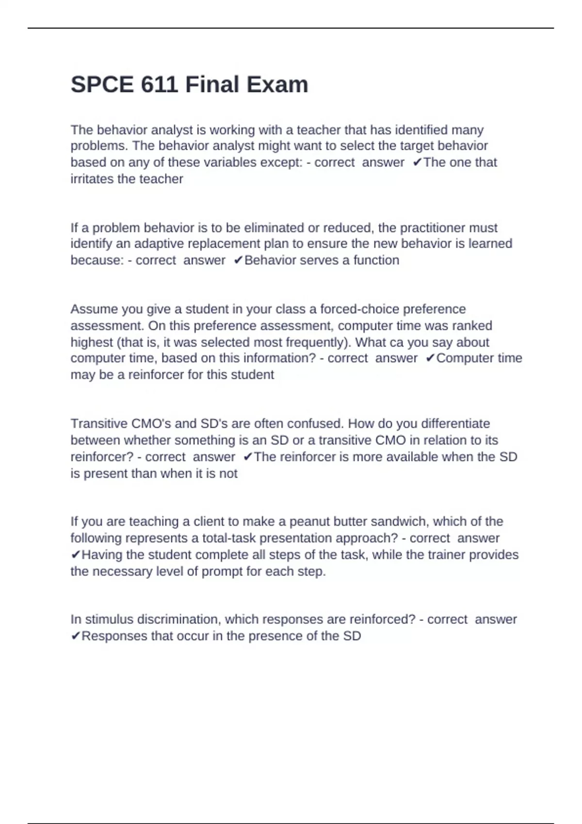 SPCE 611 Final Exam Questions with complete solution - SPCE 611 - Stuvia US