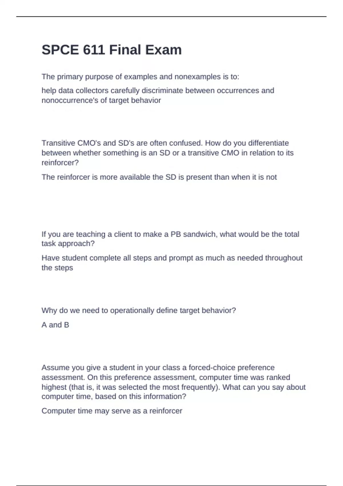SPCE 611 Final Exam Question and answers 100% correct - SPCE 611 - Stuvia US