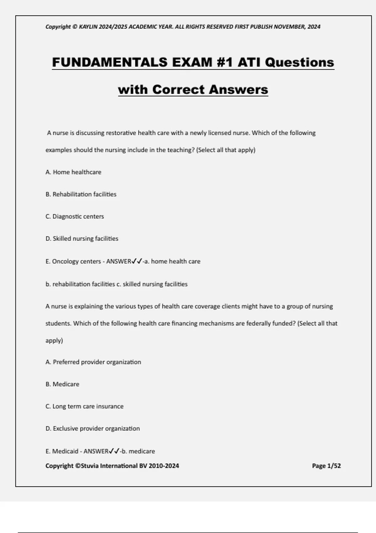 FUNDAMENTALS EXAM #1 ATI Questions with Correct Answers - FUNDAMENTALS ...