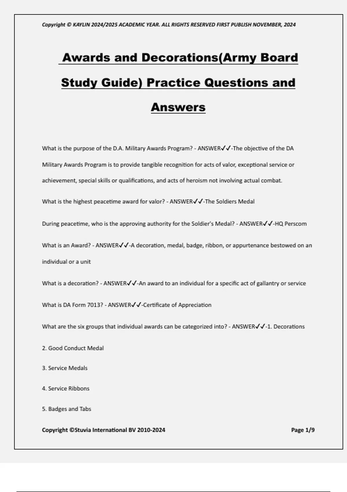 Awards and Decorations(Army Board Study Guide) Practice Questions and ...