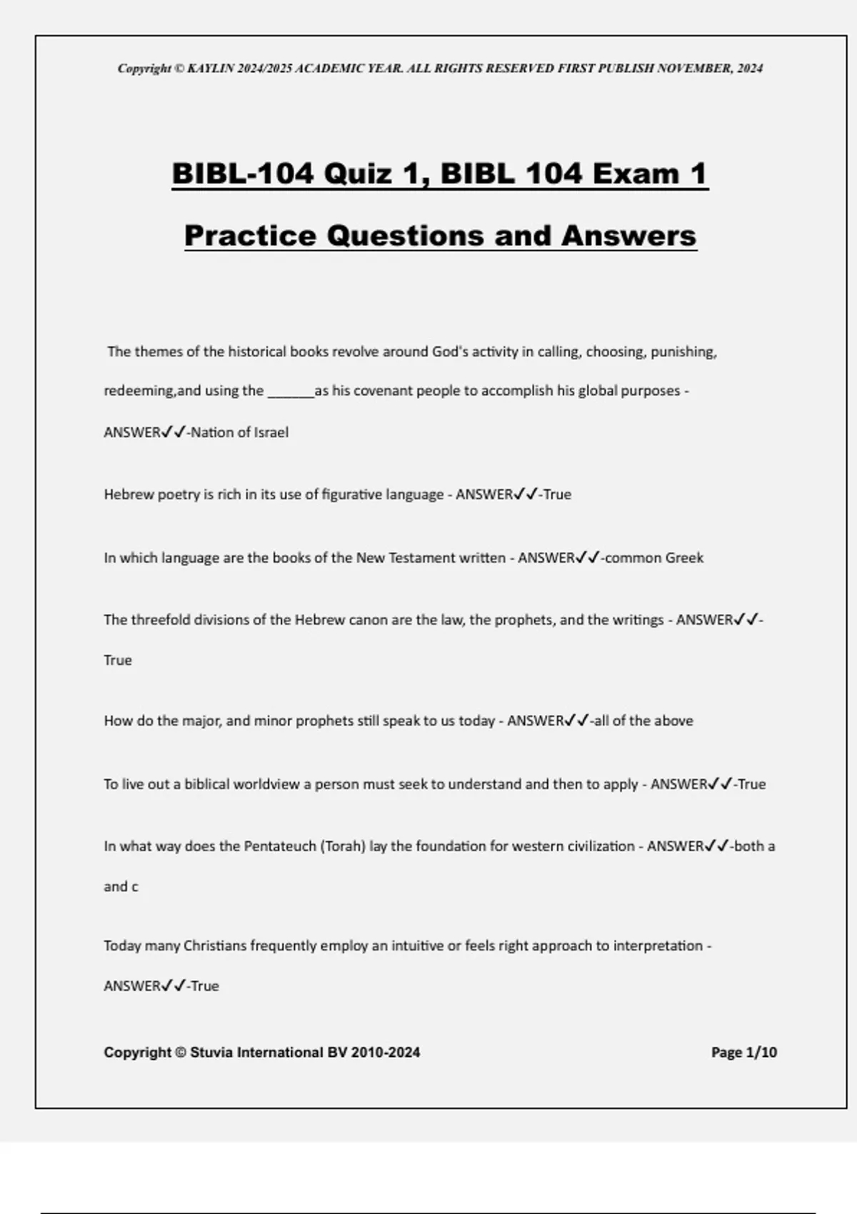 BIBL-104 Quiz 1, BIBL 104 Exam 1 Practice Questions and Answers - Prep ...