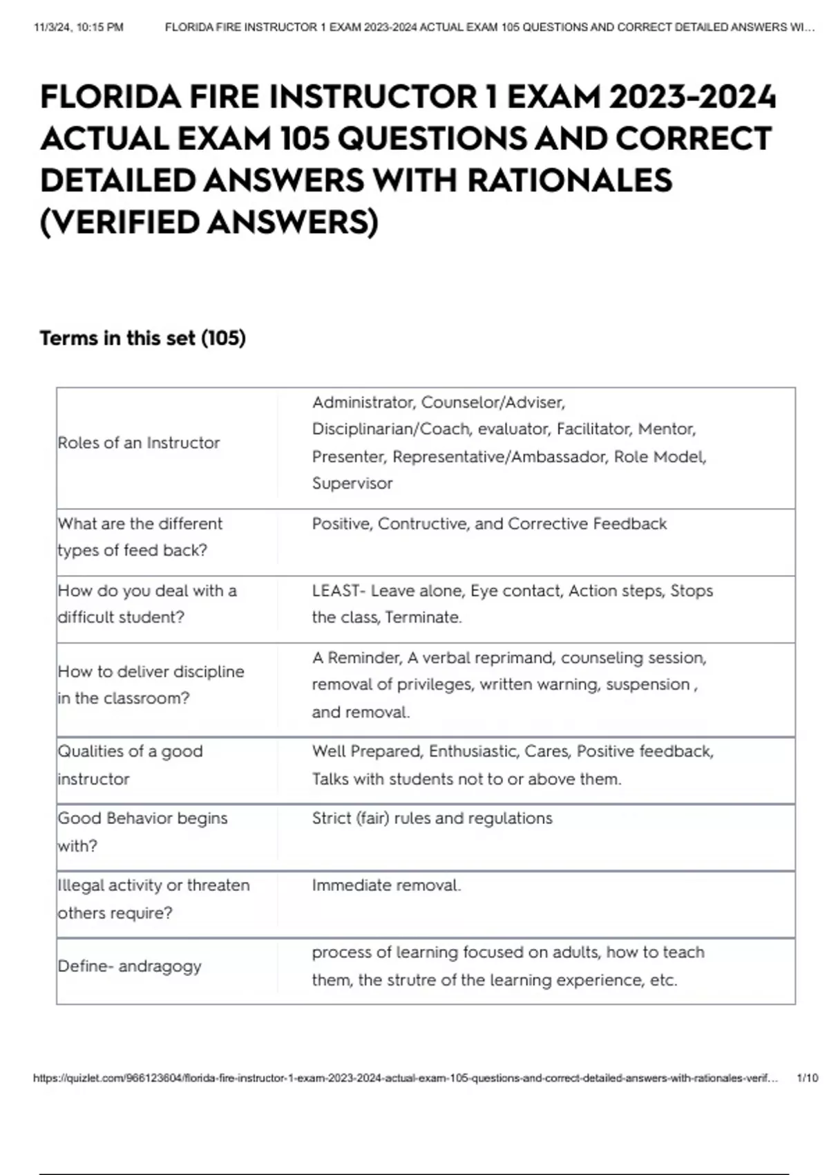 FLORIDA FIRE INSTRUCTOR 1 EXAM ACTUAL EXAM 105 QUESTIONS AND CORRECT ...