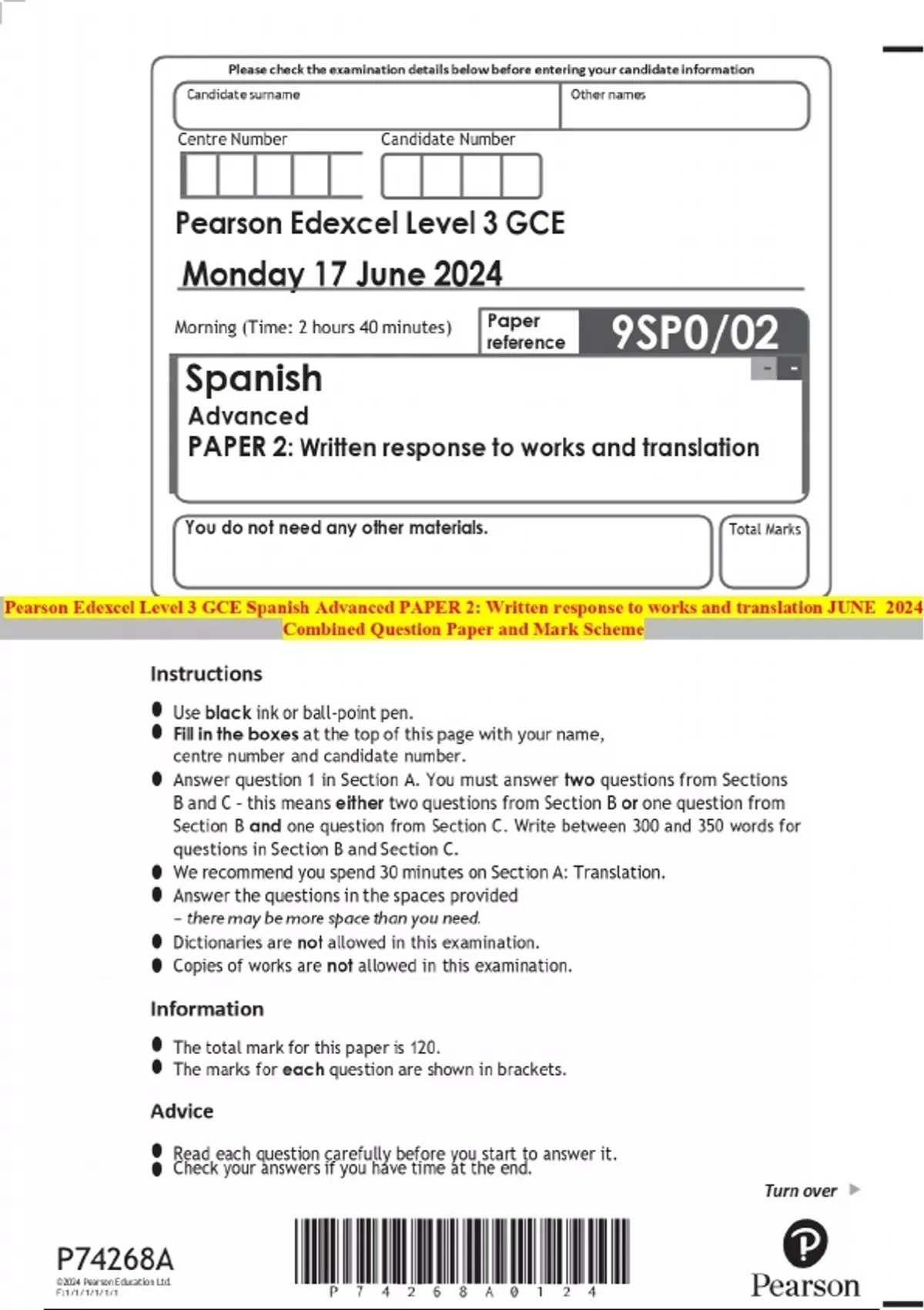 Pearson Edexcel Level 3 GCE Spanish Advanced PAPER 2: Written response ...