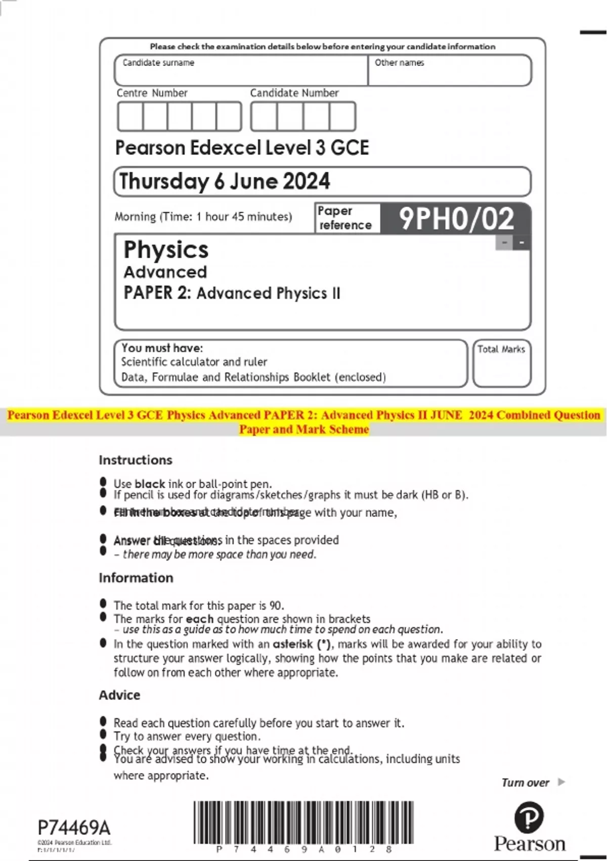 Pearson Edexcel Level 3 GCE Physics Advanced PAPER 2: Advanced Physics ...