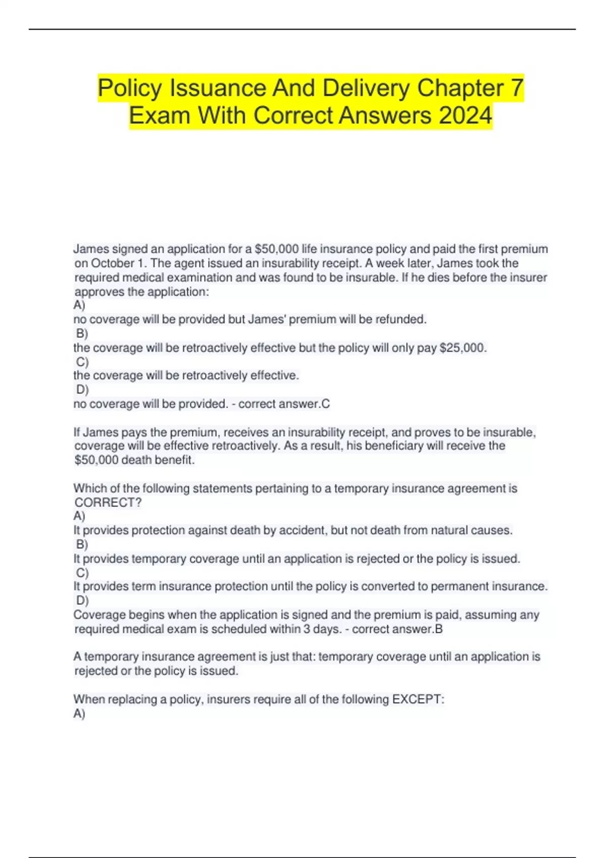 Policy Issuance And Delivery Chapter 7 Exam With Correct Answers 2024 ...