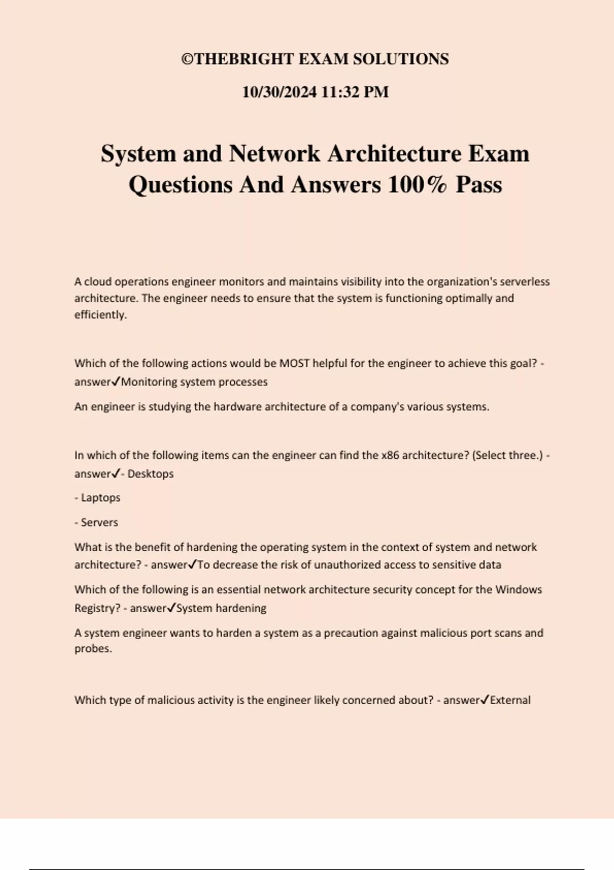 System and Network Architecture Exam Questions And Answers 100% Pass ...