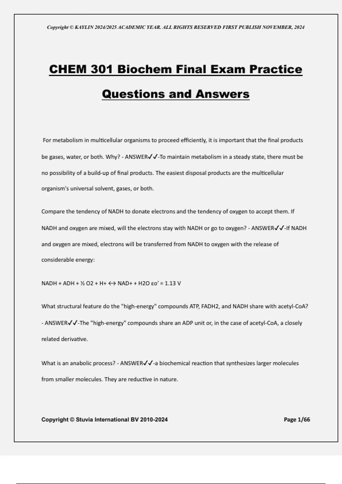 CHEM 301 Biochem Final Exam Practice Questions and Answers - Prep Tests ...