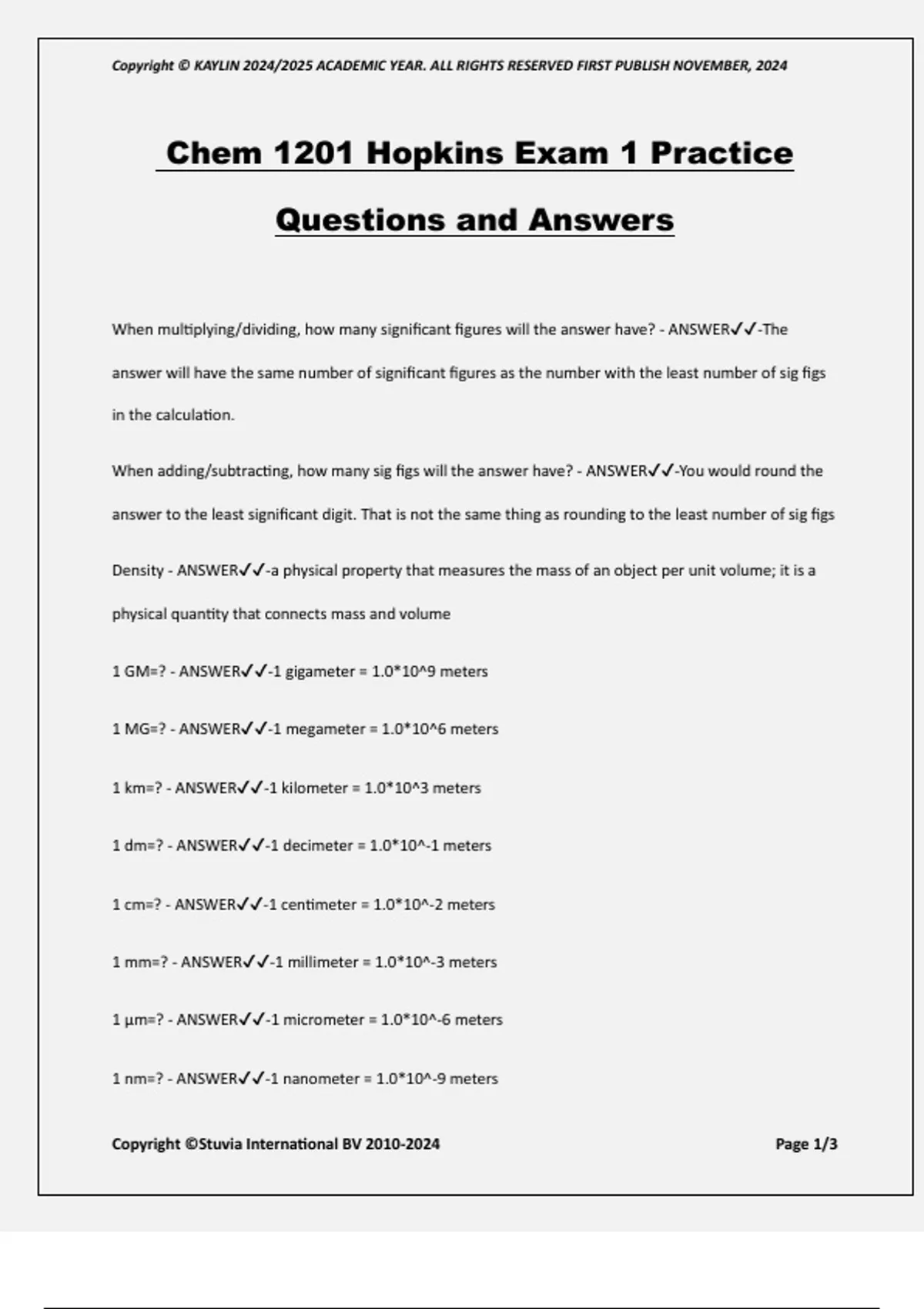 Chem 1201 Hopkins Exam 1 Practice Questions and Answers - Prep Tests ...