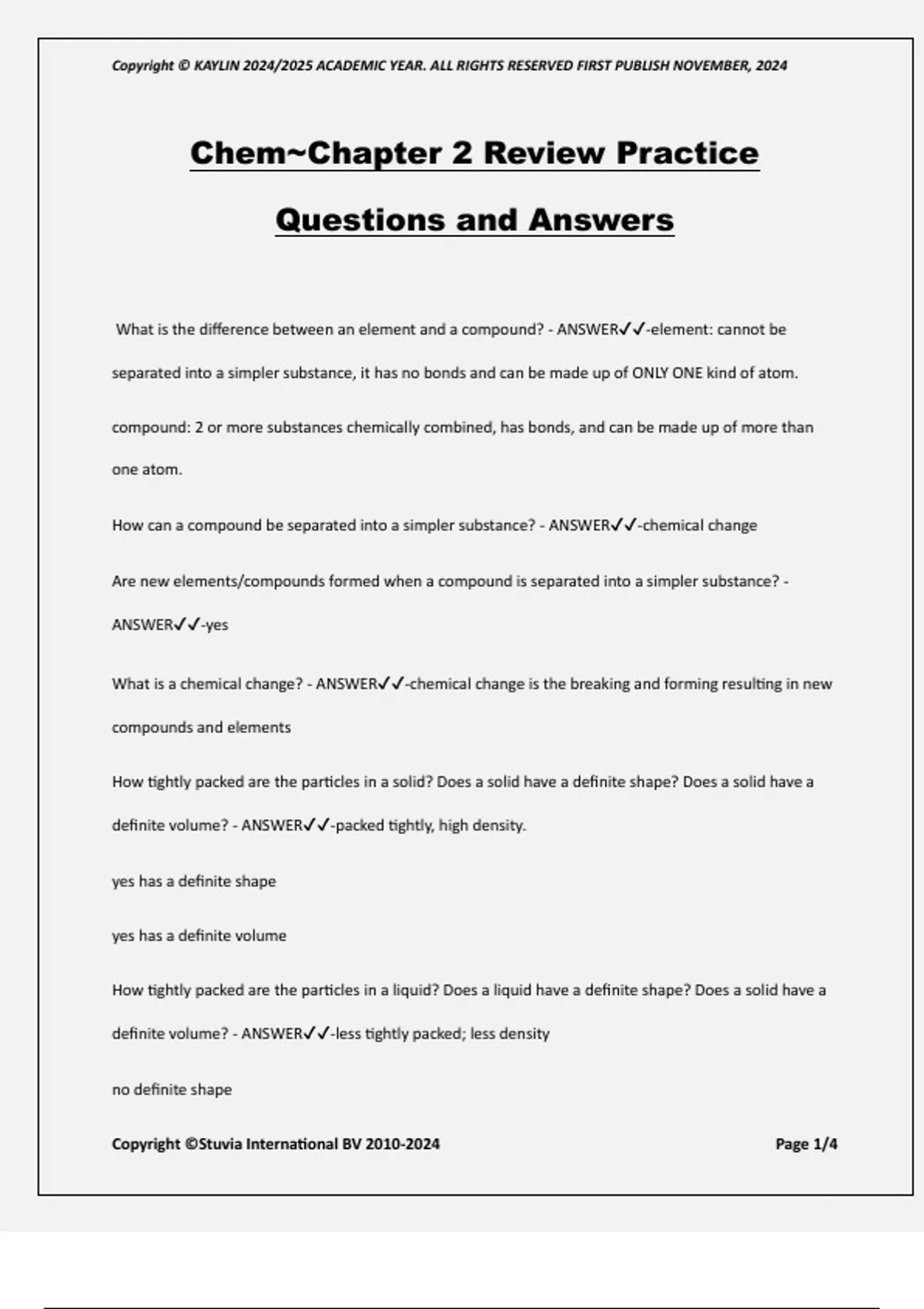 Chem~Chapter 2 Review Practice Questions and Answers - Prep Tests ...