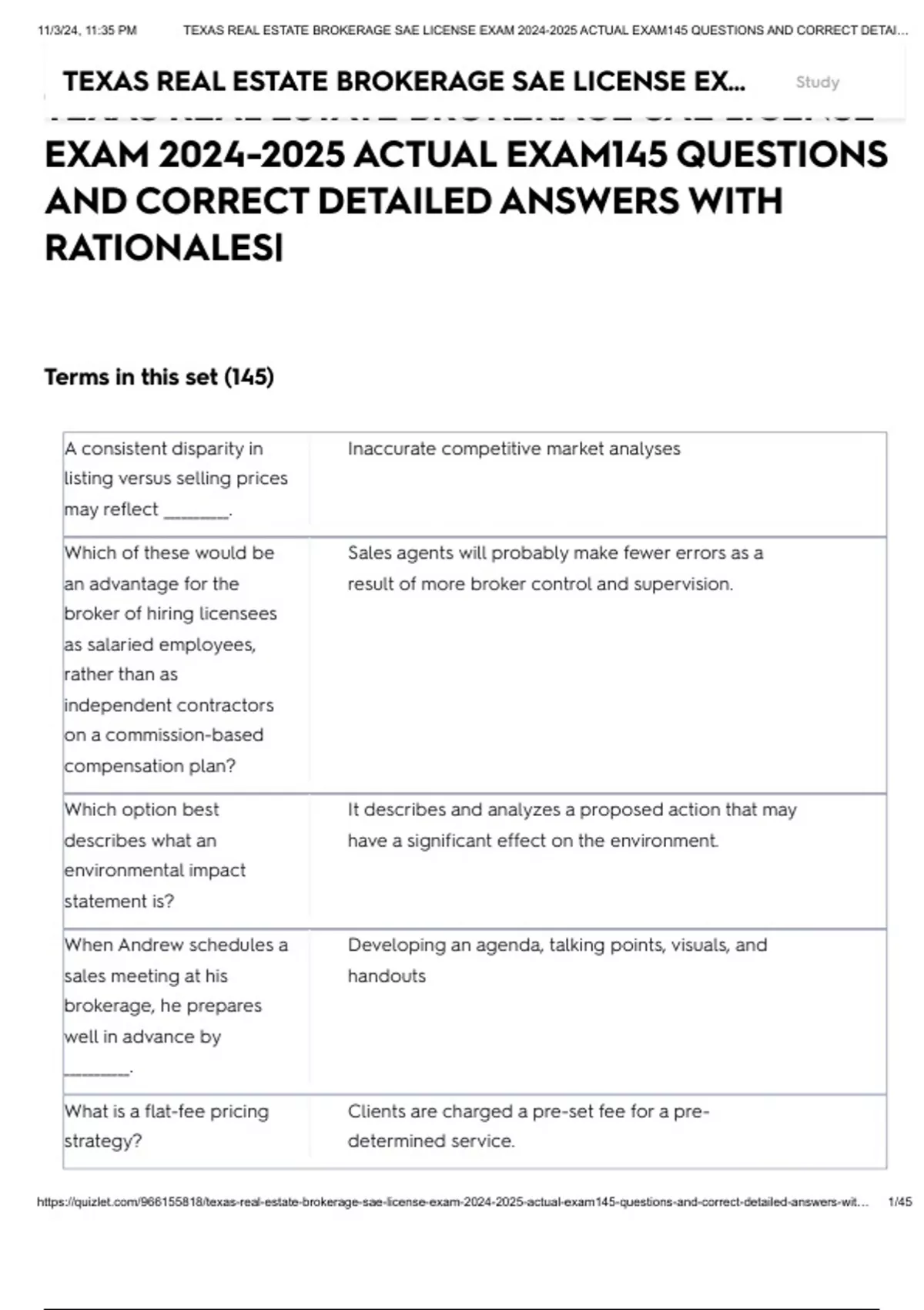 TEXAS REAL ESTATE BROKERAGE SAE LICENSE EXAM ACTUAL EXAM145 QUESTIONS ...