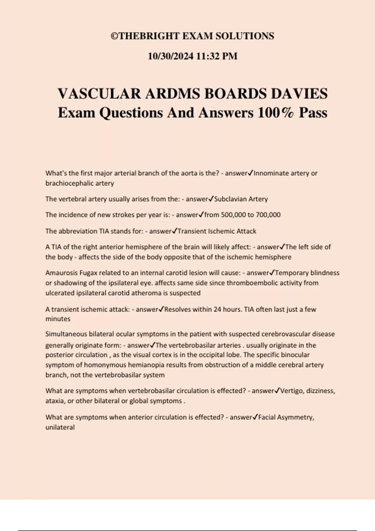 VASCULAR ARDMS BOARDS DAVIES Exam Questions And Answers 100% Pass ...