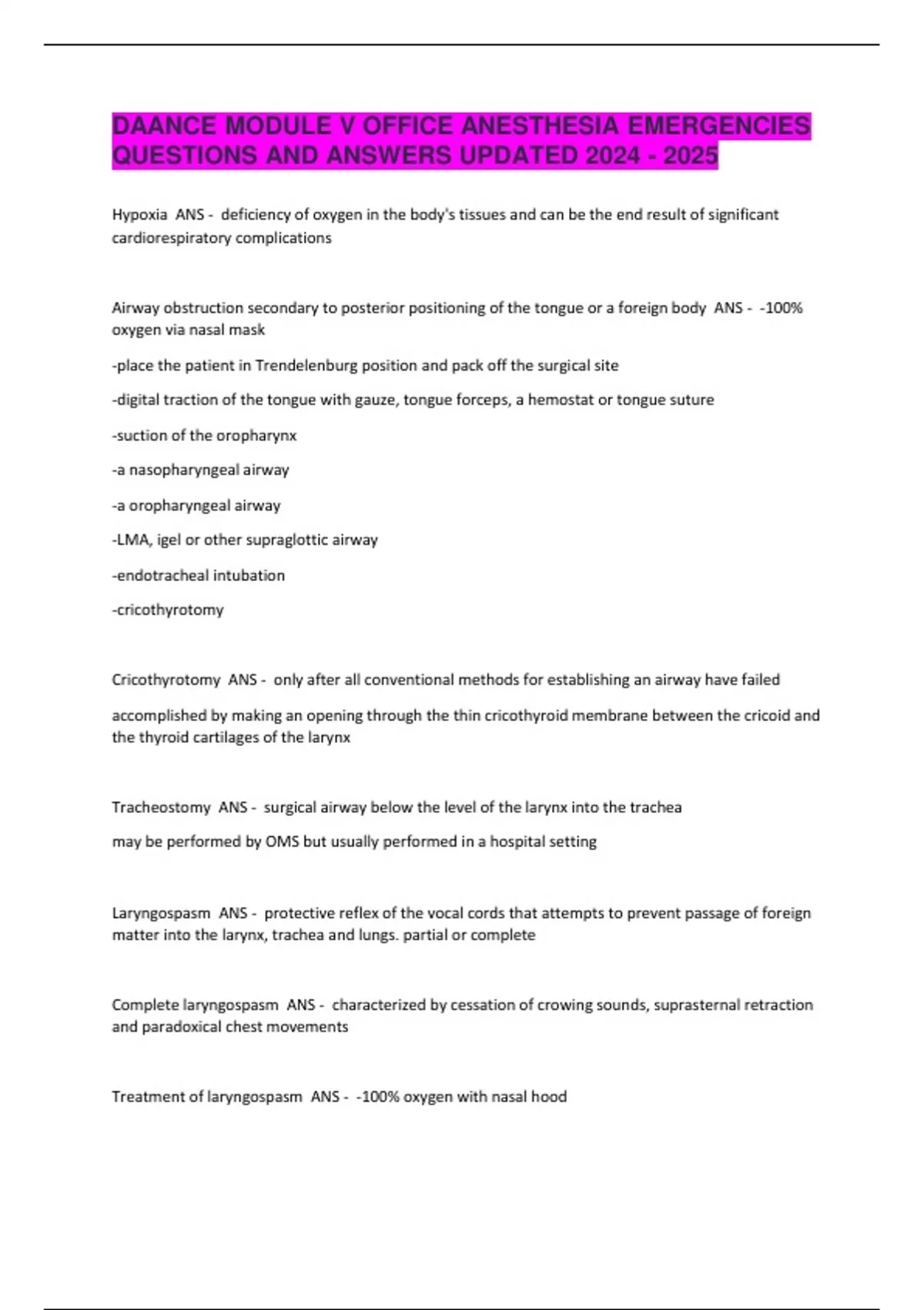 DAANCE MODULE V OFFICE ANESTHESIA EMERGENCIES QUESTIONS AND ANSWERS UPDATED - DAANCE - Stuvia US