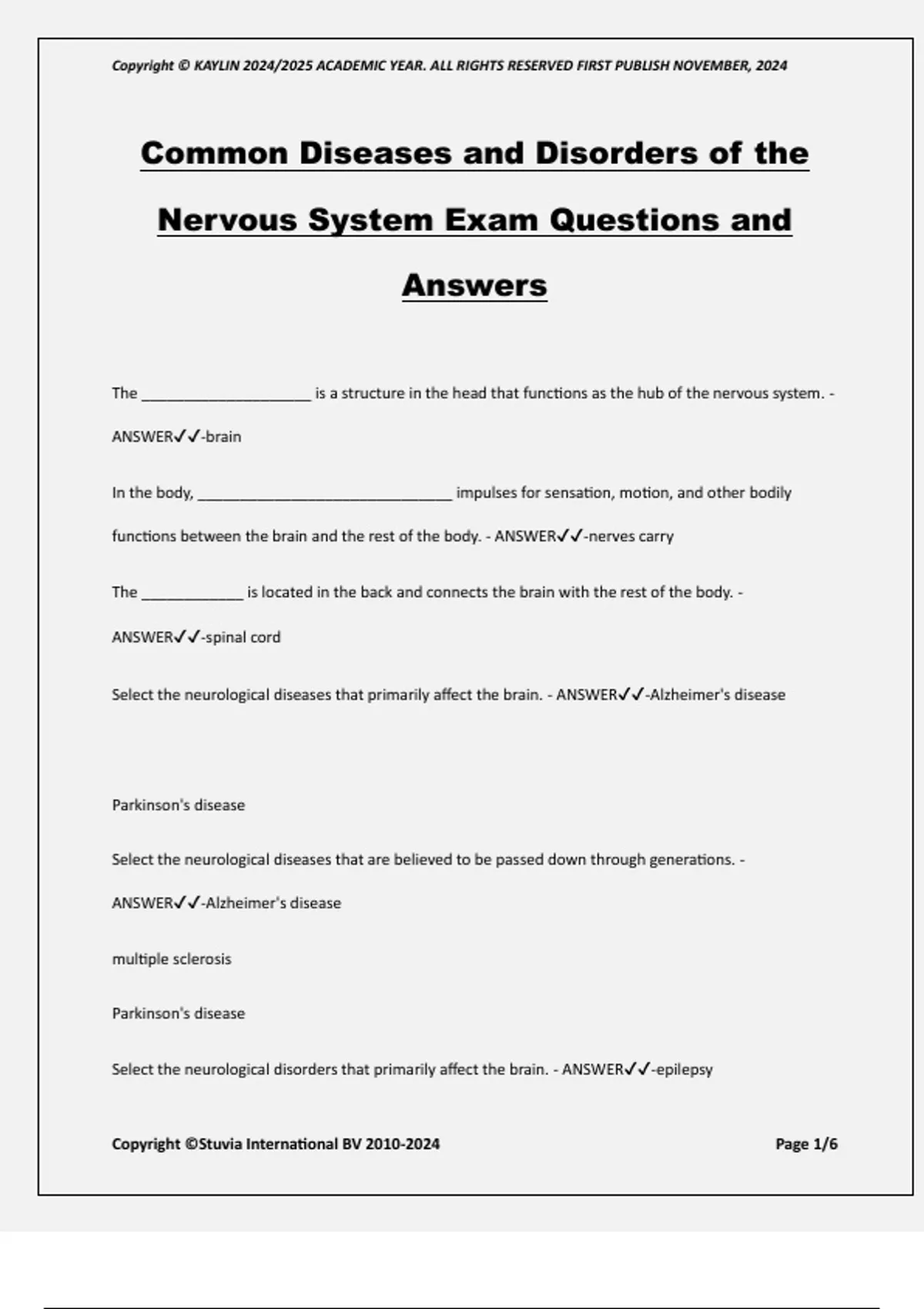 Common Diseases and Disorders of the Nervous System Exam Questions and ...