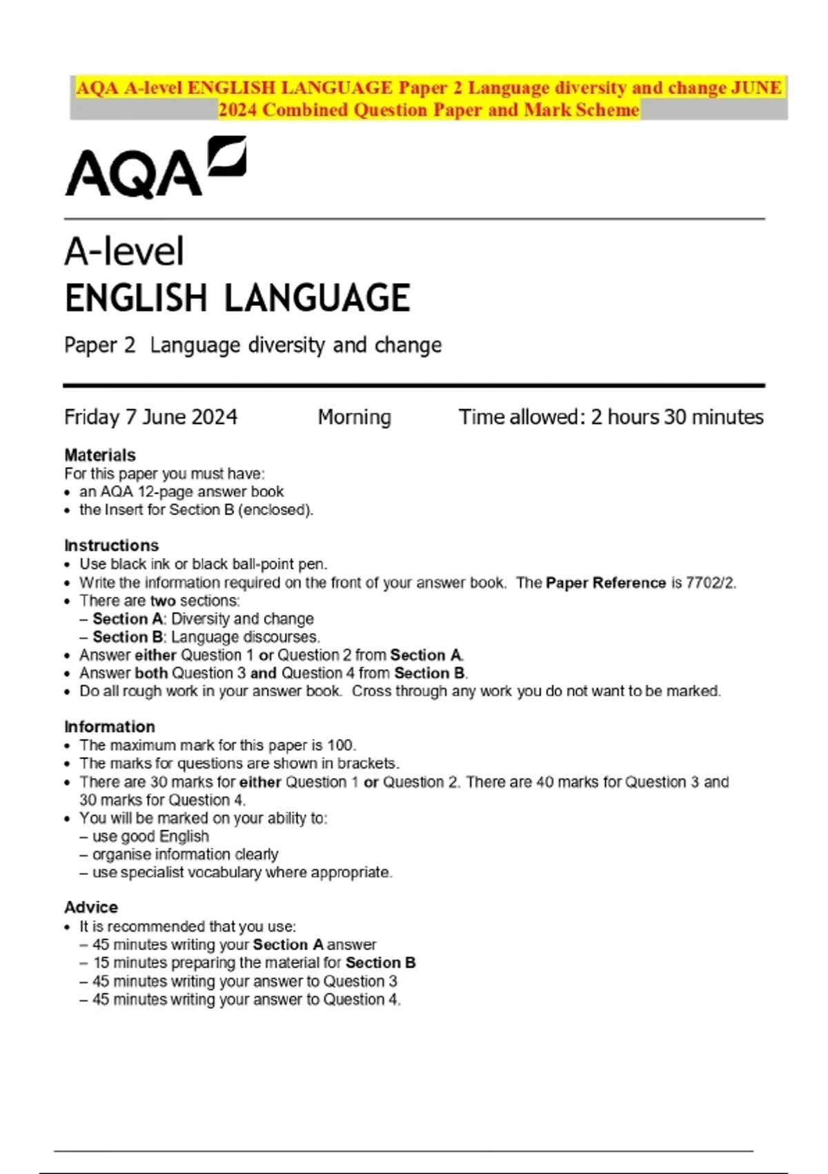 AQA A-level ENGLISH LANGUAGE Paper 2 Language diversity and change JUNE ...