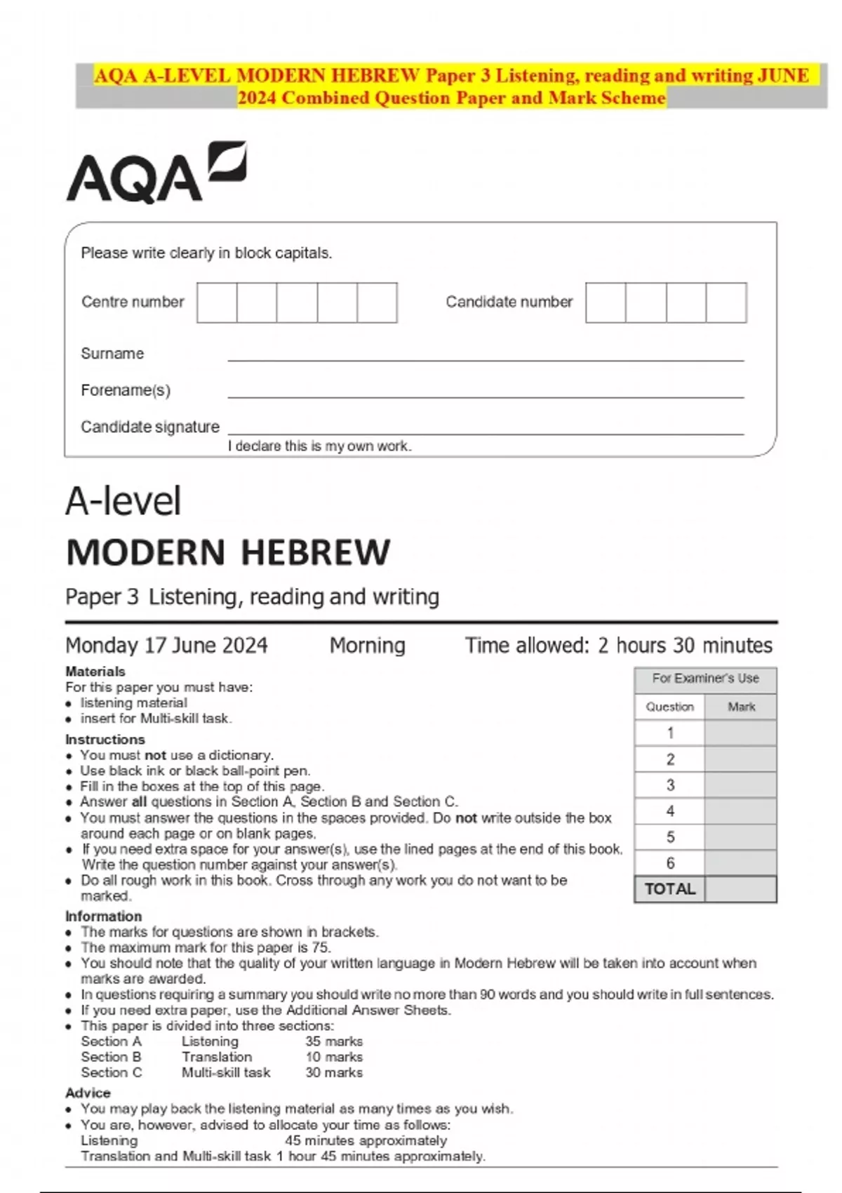 BUNDLE::: A-level Modern Hebrew Combined Question Paper and Mark Scheme ...