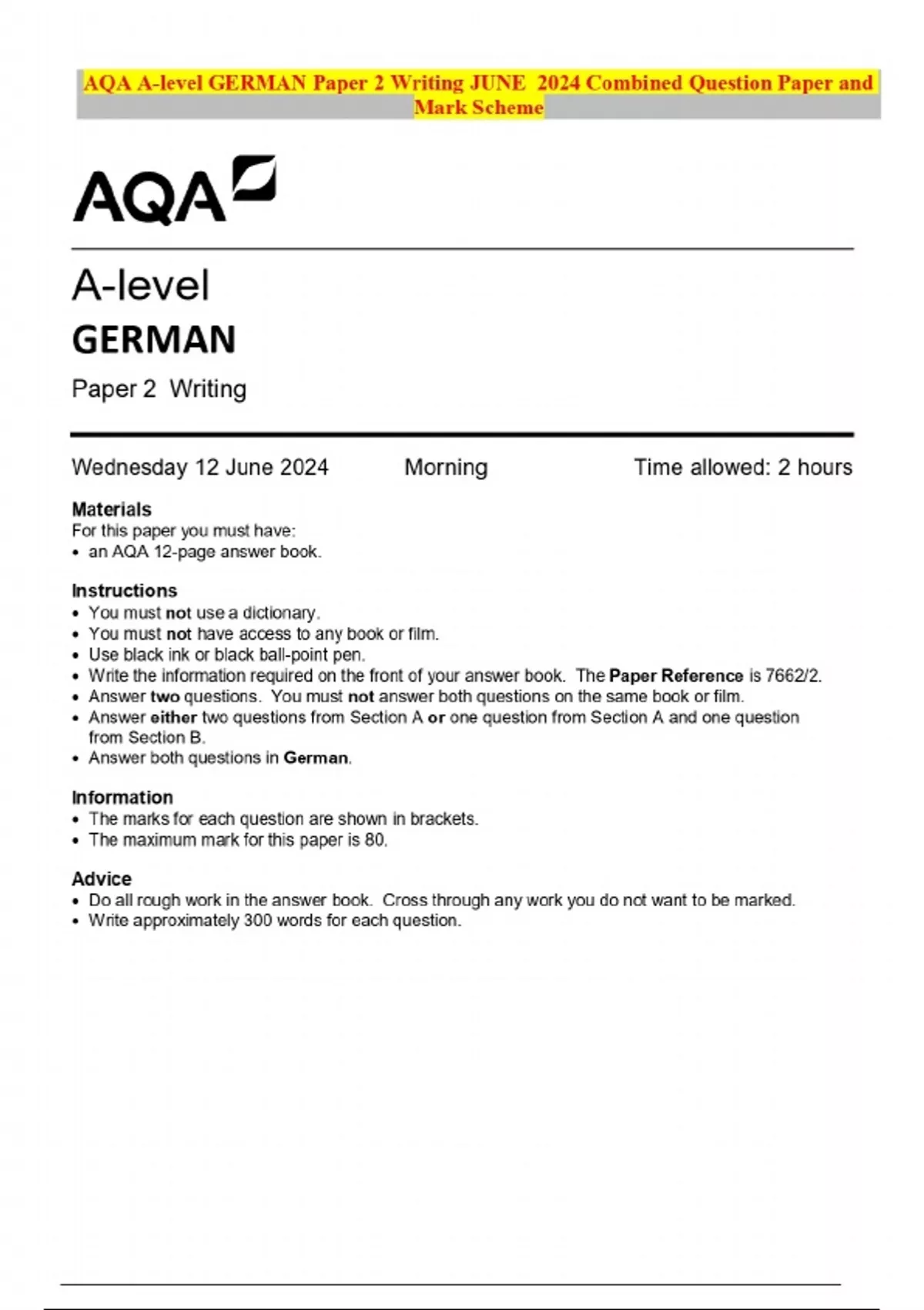 BUNDLE::: A-level GERMAN Combined Question Paper and Mark Scheme 2024 ...