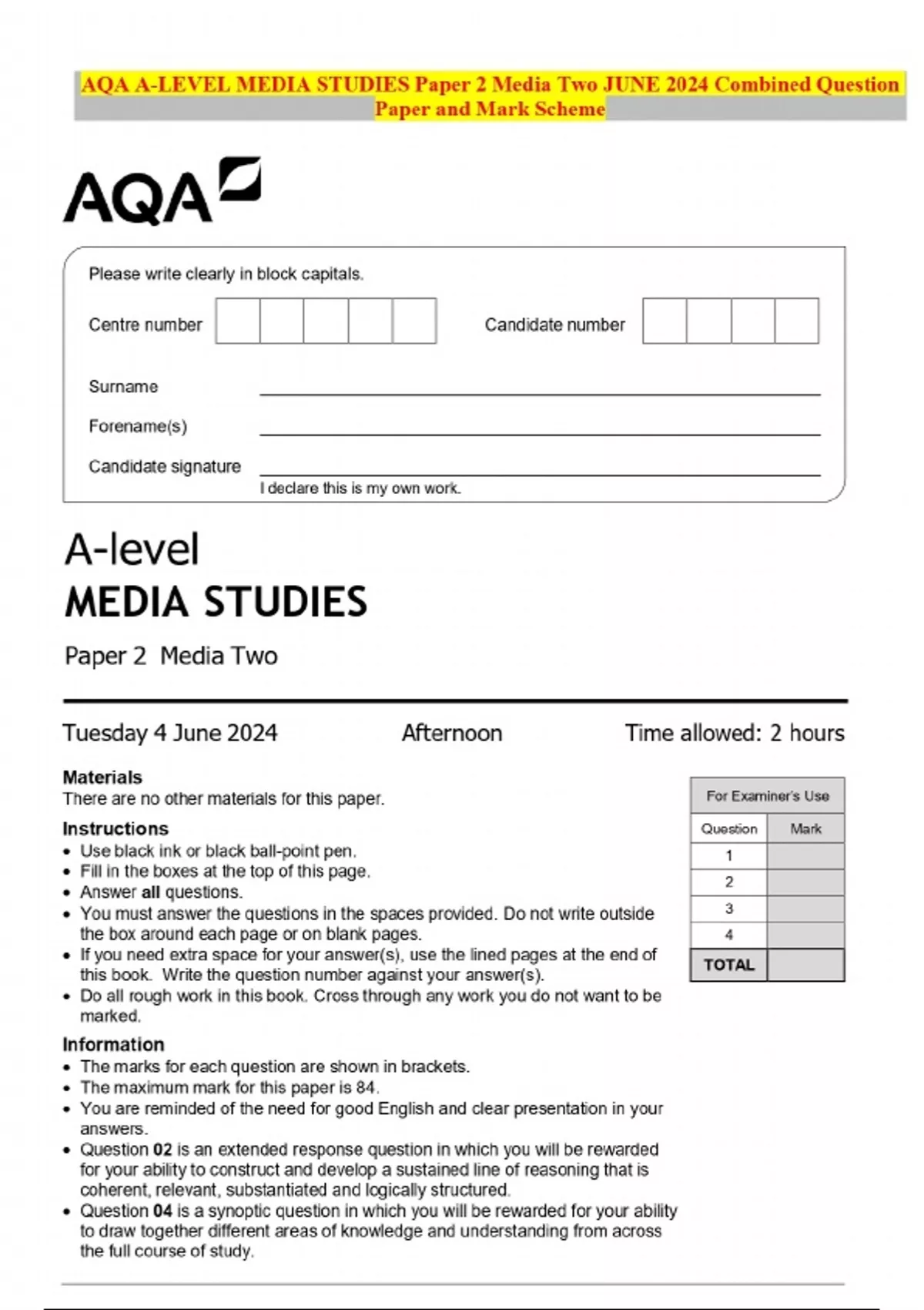 BUNDLE:::AQA A-LEVEL MEDIA STUDIES Combined Question Paper and Mark ...