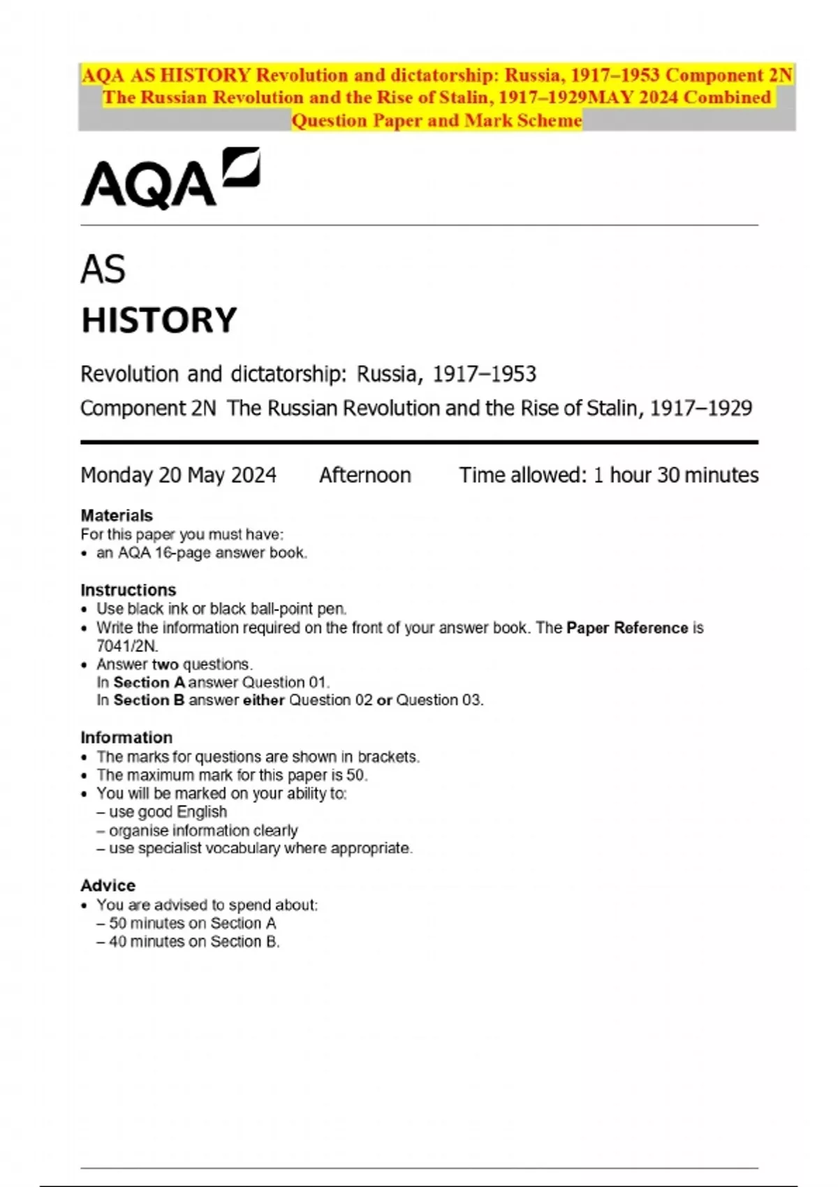 AQA AS HISTORY Revolution and dictatorship: Russia, 1917–1953 Component 2N The Russian ...