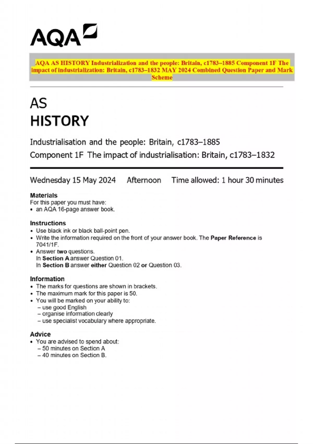 AQA AS HISTORY Industrialization and the people: Britain, c1783–1885 ...