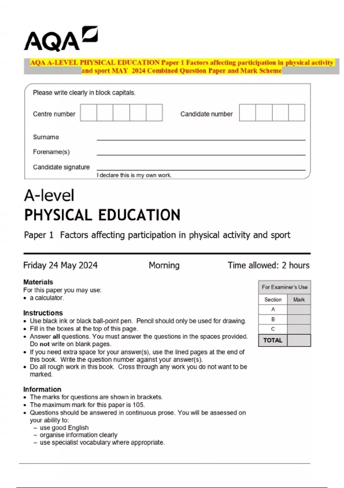 AQA A-LEVEL PHYSICAL EDUCATION Paper 1 Factors affecting participation ...