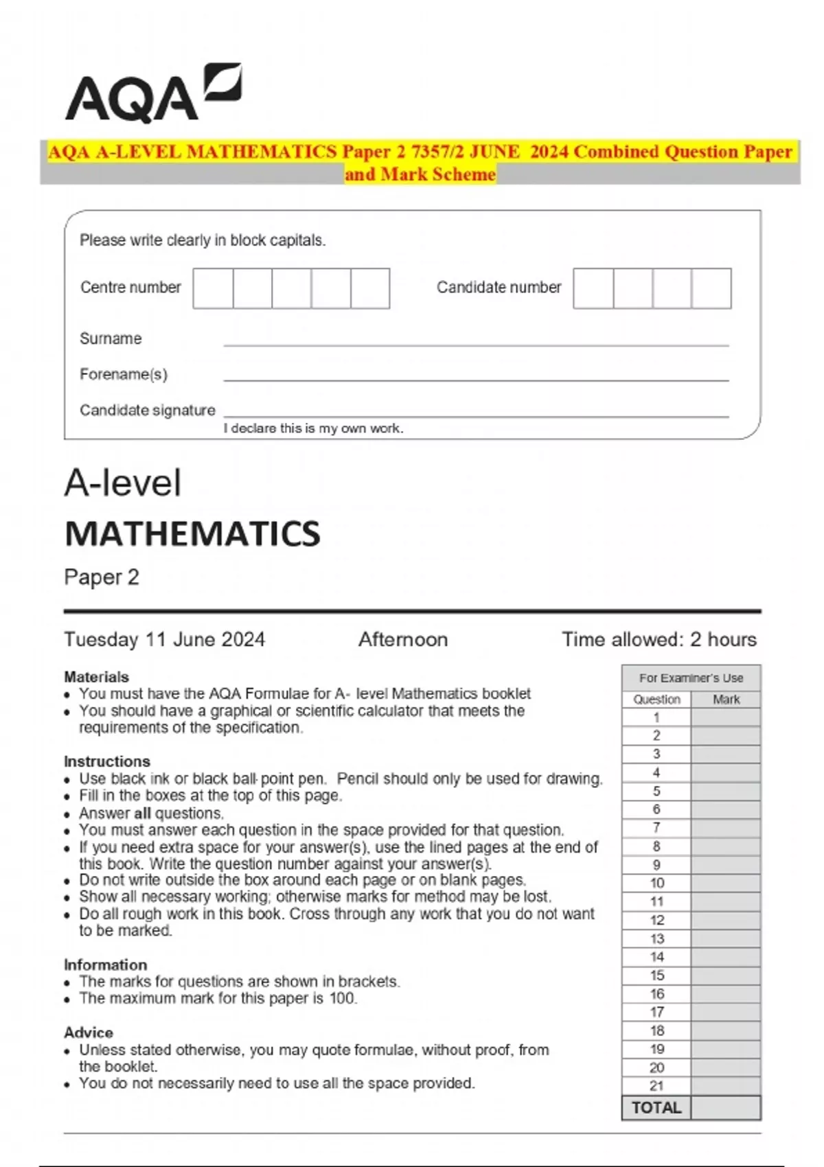 AQA A-LEVEL MATHEMATICS Paper 2 7357/2 JUNE 2024 Combined Question ...