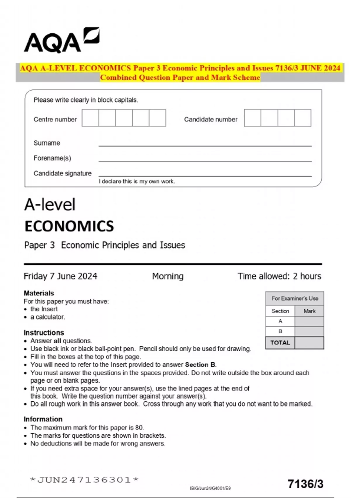 AQA A-LEVEL ECONOMICS Paper 3 Economic Principles and Issues 7136/3 ...