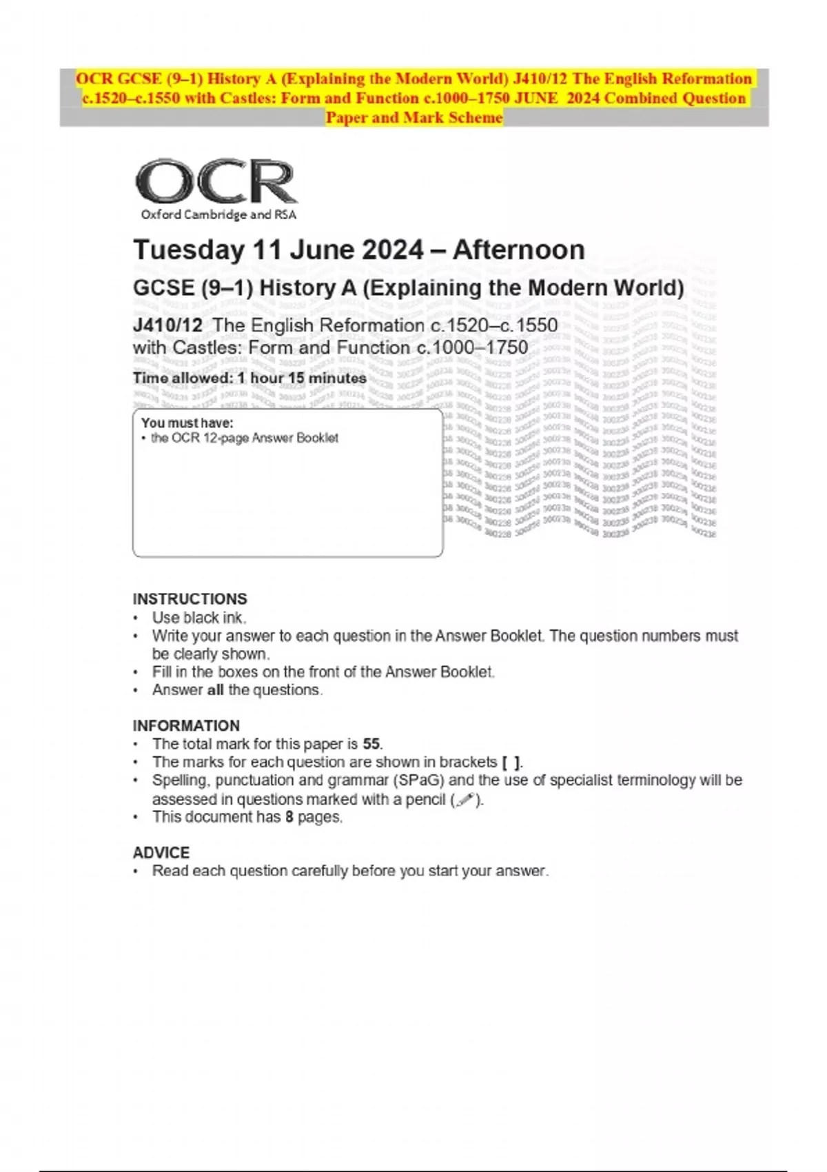 OCR GCSE (9–1) History A (Explaining the Modern World) J410/12 The ...