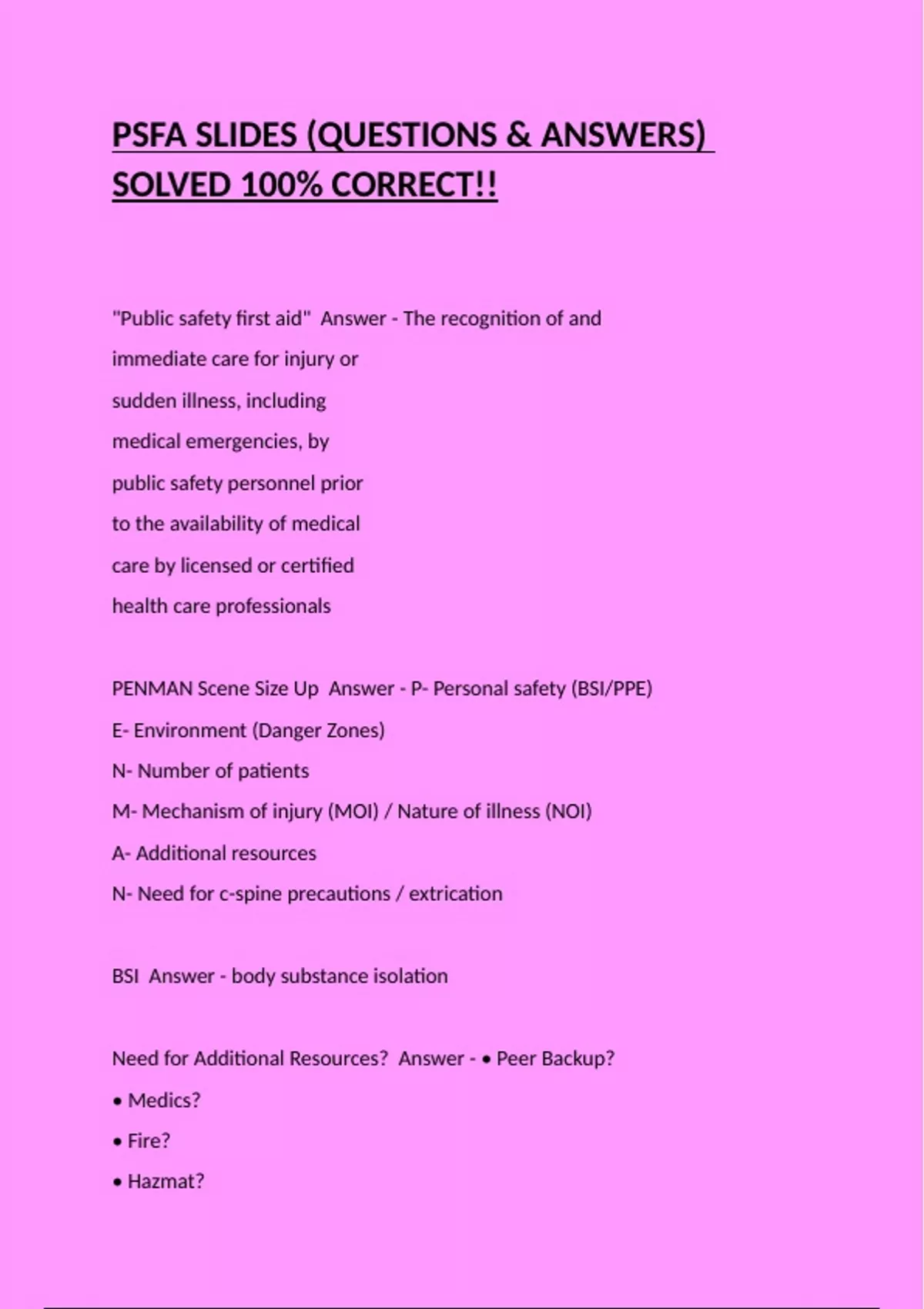 PSFA SLIDES (QUESTIONS & ANSWERS) SOLVED 100% CORRECT!! - PSFA - Stuvia US