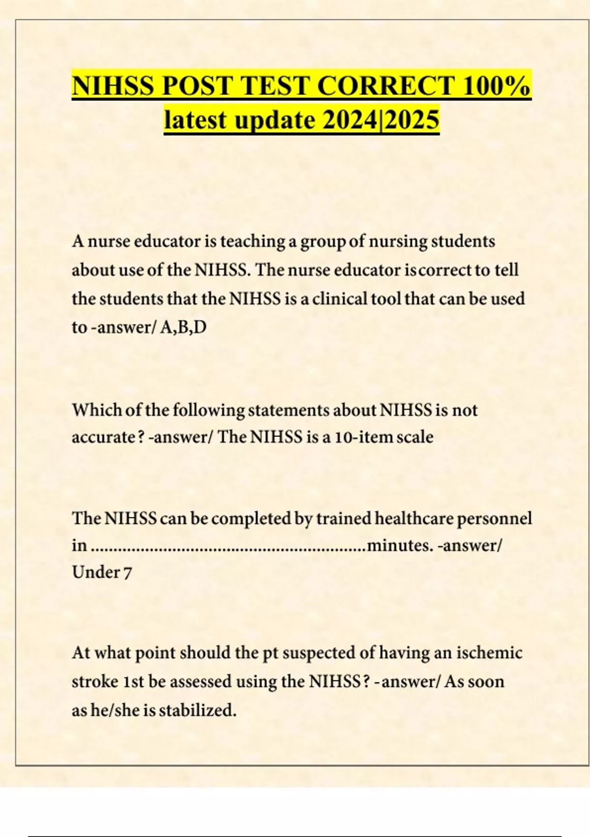 NIHSS POST TEST CORRECT 100% latest update 2024|2025 - NIHSS - Stuvia US