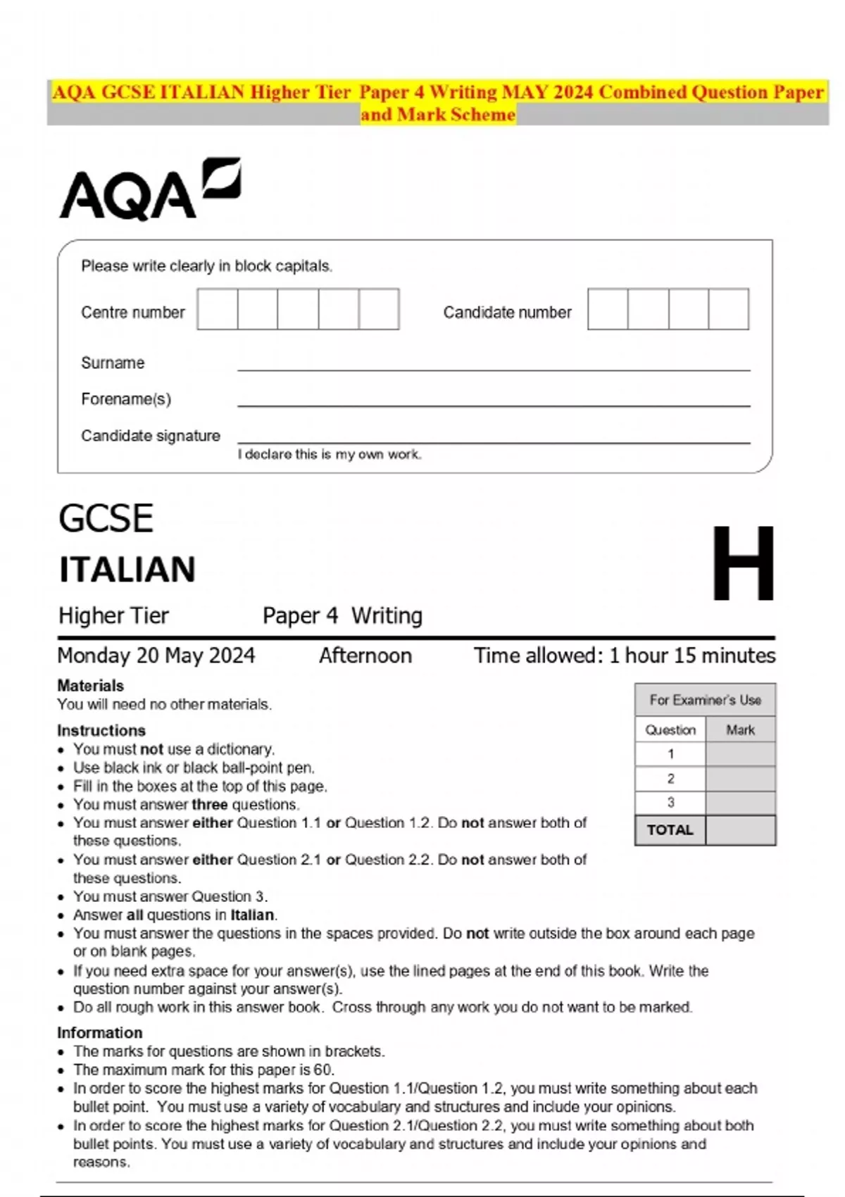 AQA GCSE ITALIAN Higher Tier Paper 4 Writing MAY 2024 Combined Question ...